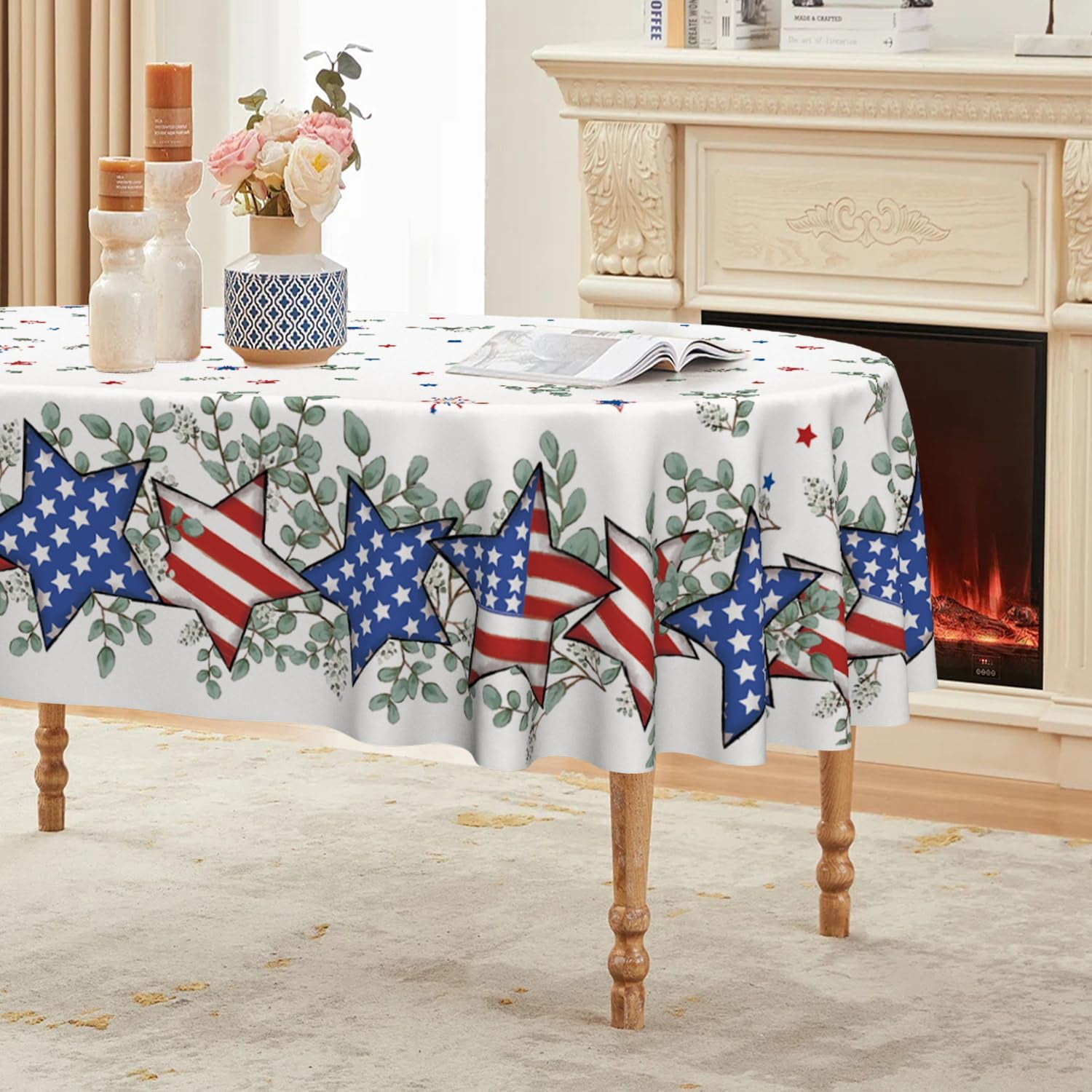 4th of July Tablecloth 60×84 Inch Oval, Patriotic Eucalyptus Star ...