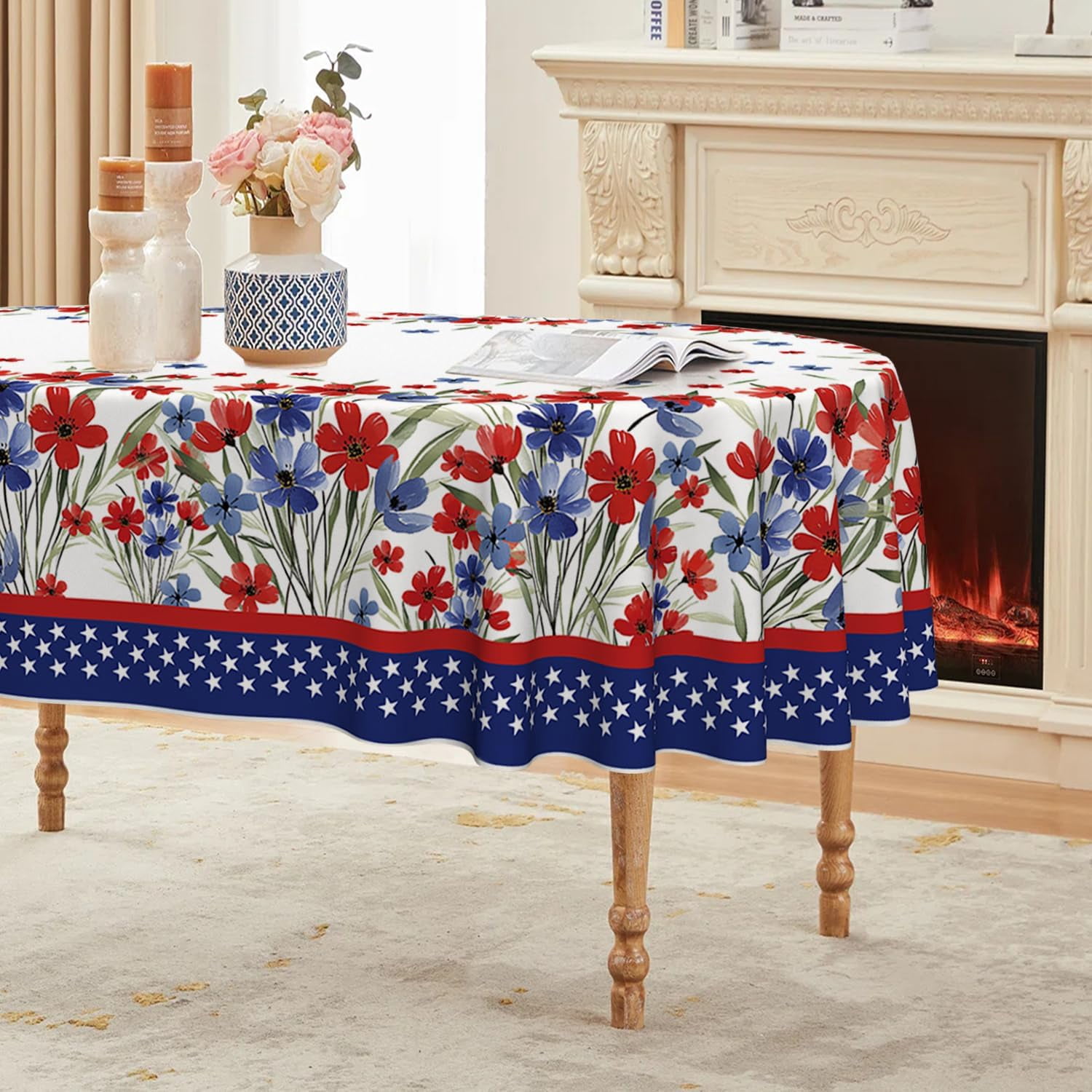 4th of July Tablecloth Oval, Patriotic Watercolor Poppy Flowers ...