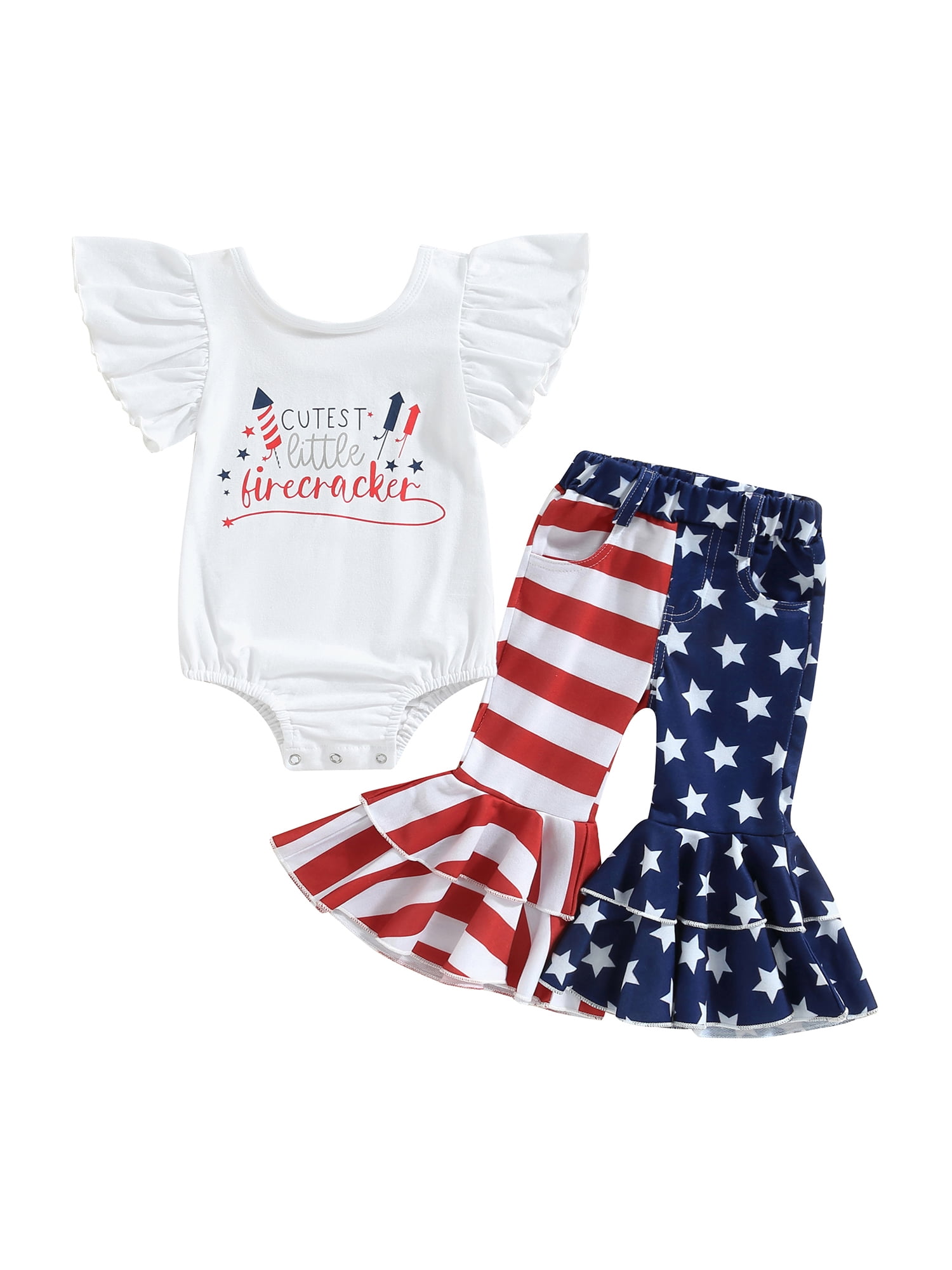 4th of July Toddler Baby Girl Summer Outfits Fly Sleeve Letters Print ...