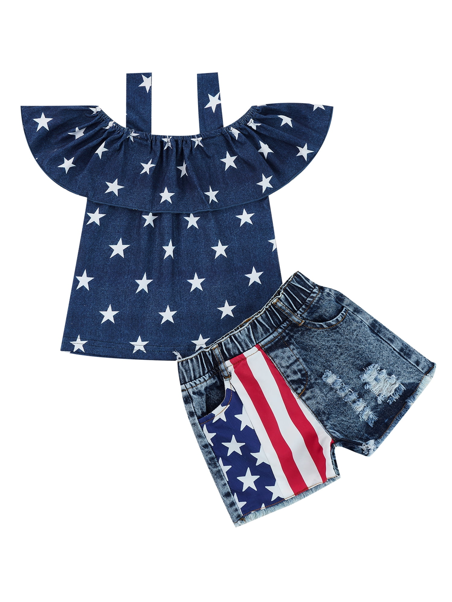 4th of July Toddler Girl Outfit American Flag Halter Top Ripped Denim Shorts Baby Summer Clothes ...