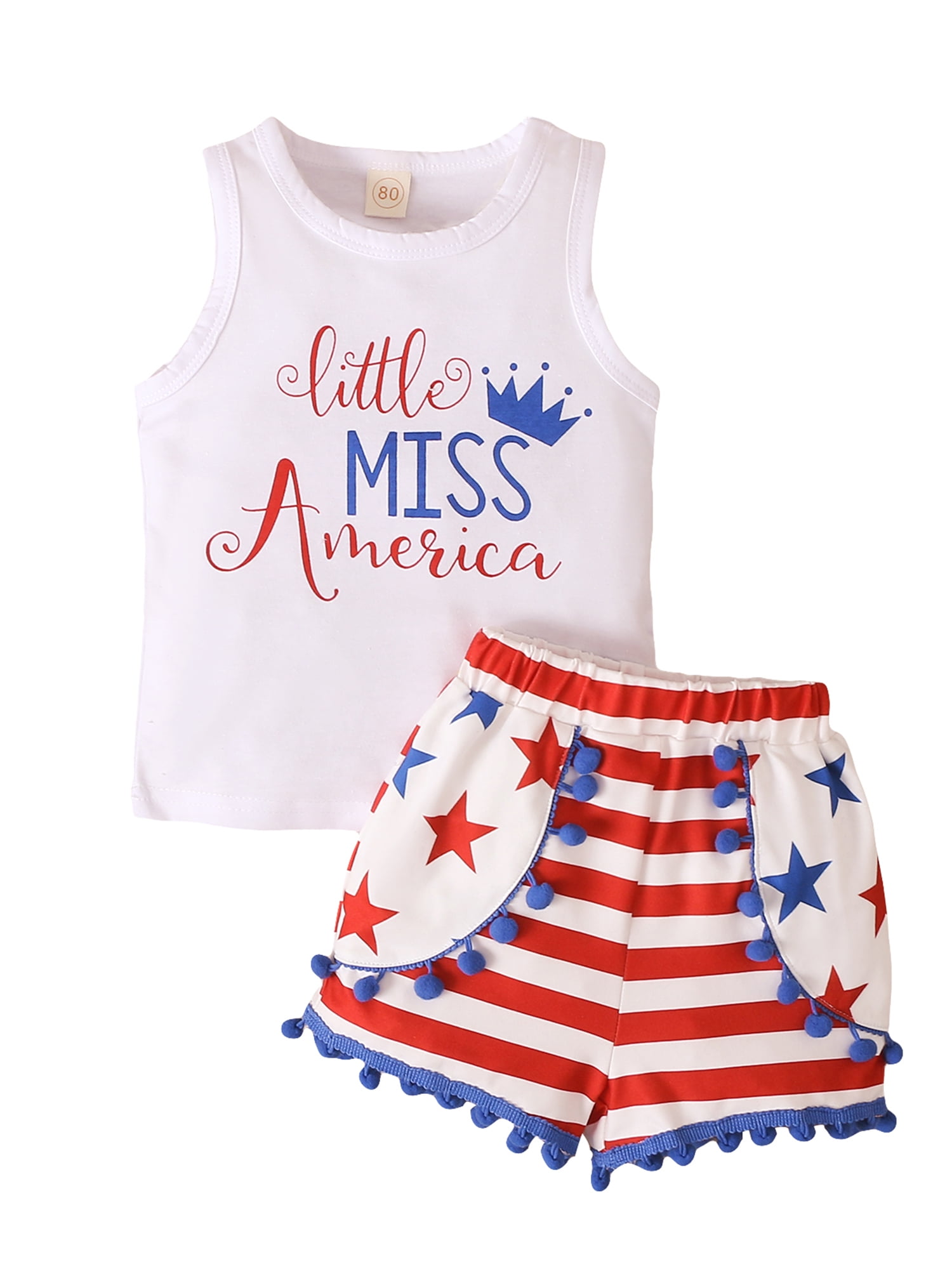 4th of July Toddler Little Girl Outfit American Flag Sleeveless Vest Top Stripe Shorts ...