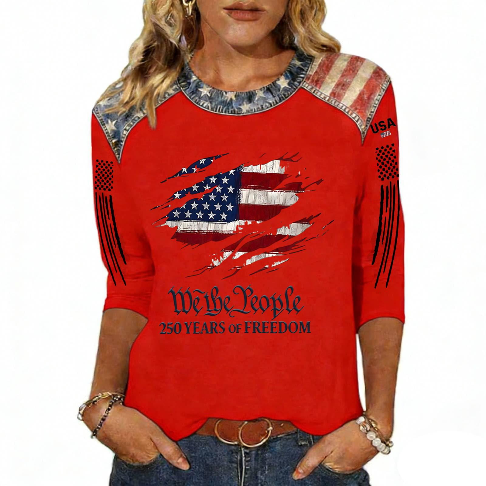 4th of July Tops for Women Imitation Denim Print Patriotic 3/4 Sleeve ...