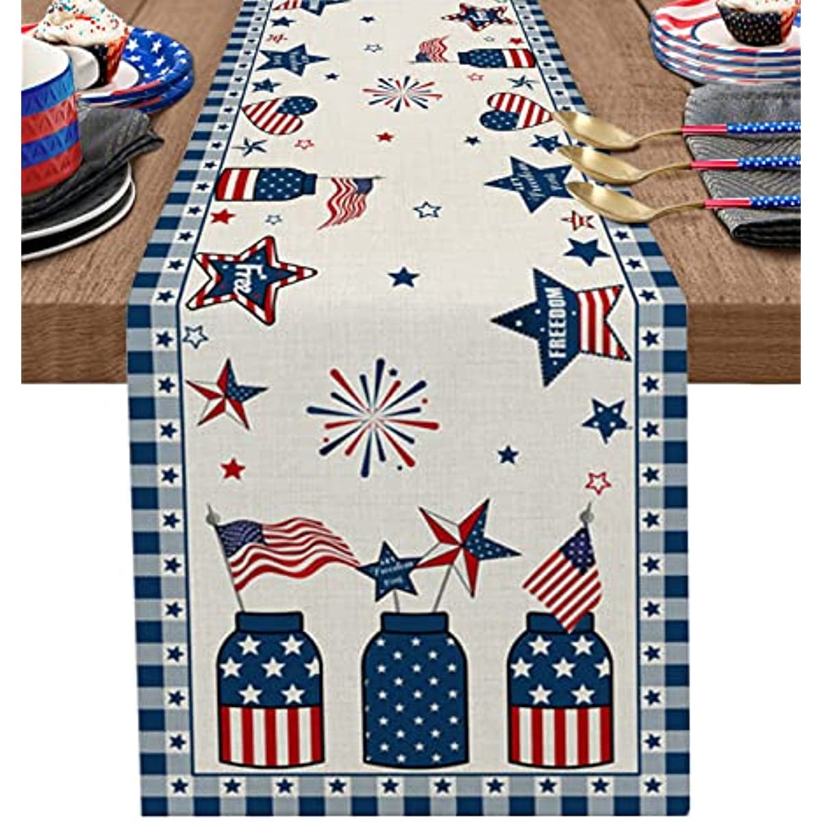 4th of July US Flag Vase Fireworks Stars Linen Table Runners Dresser ...