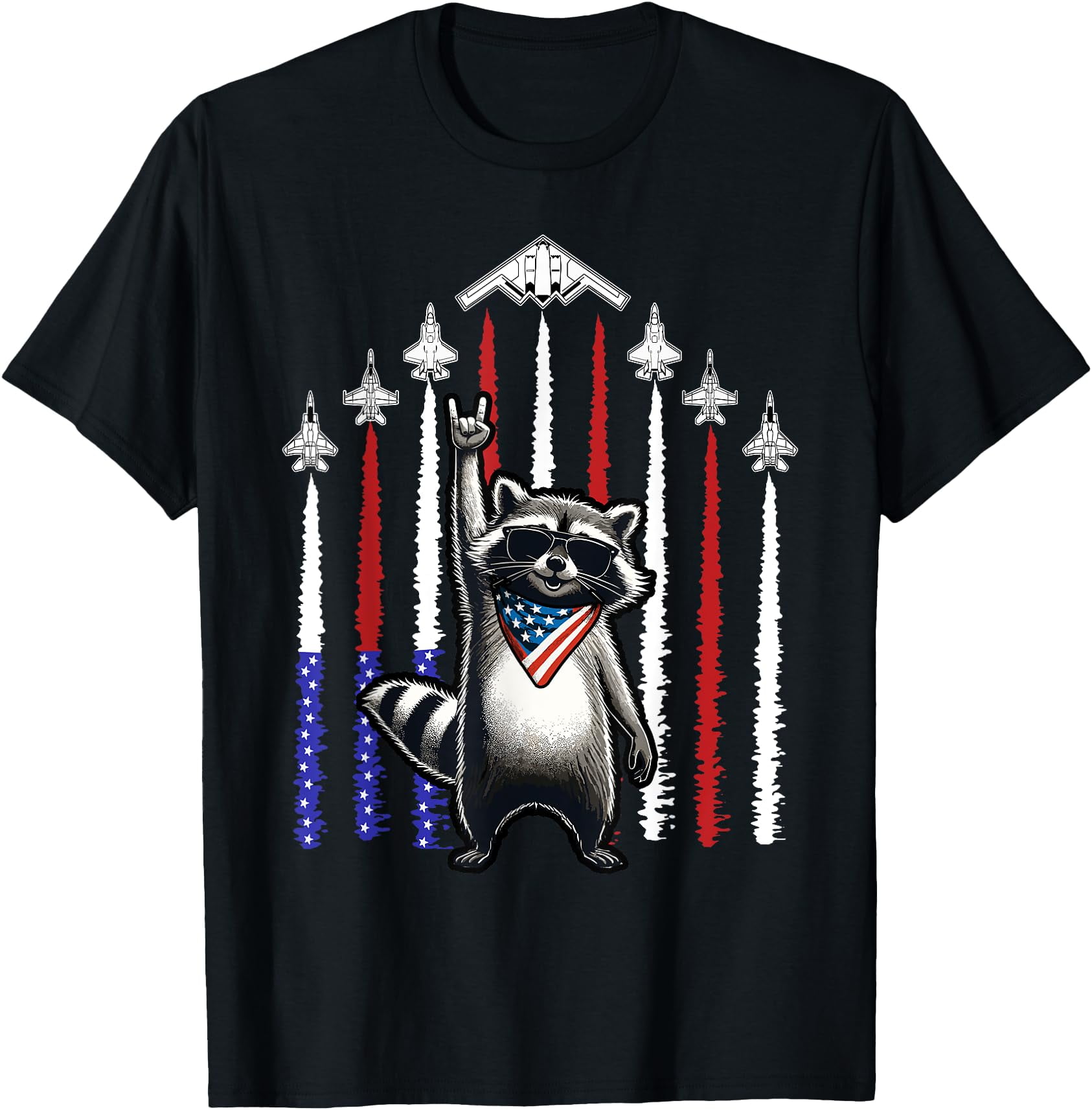 4th of July USA Flag Fighter Jets Raccoon Funny Patriotic T-Shirt ...