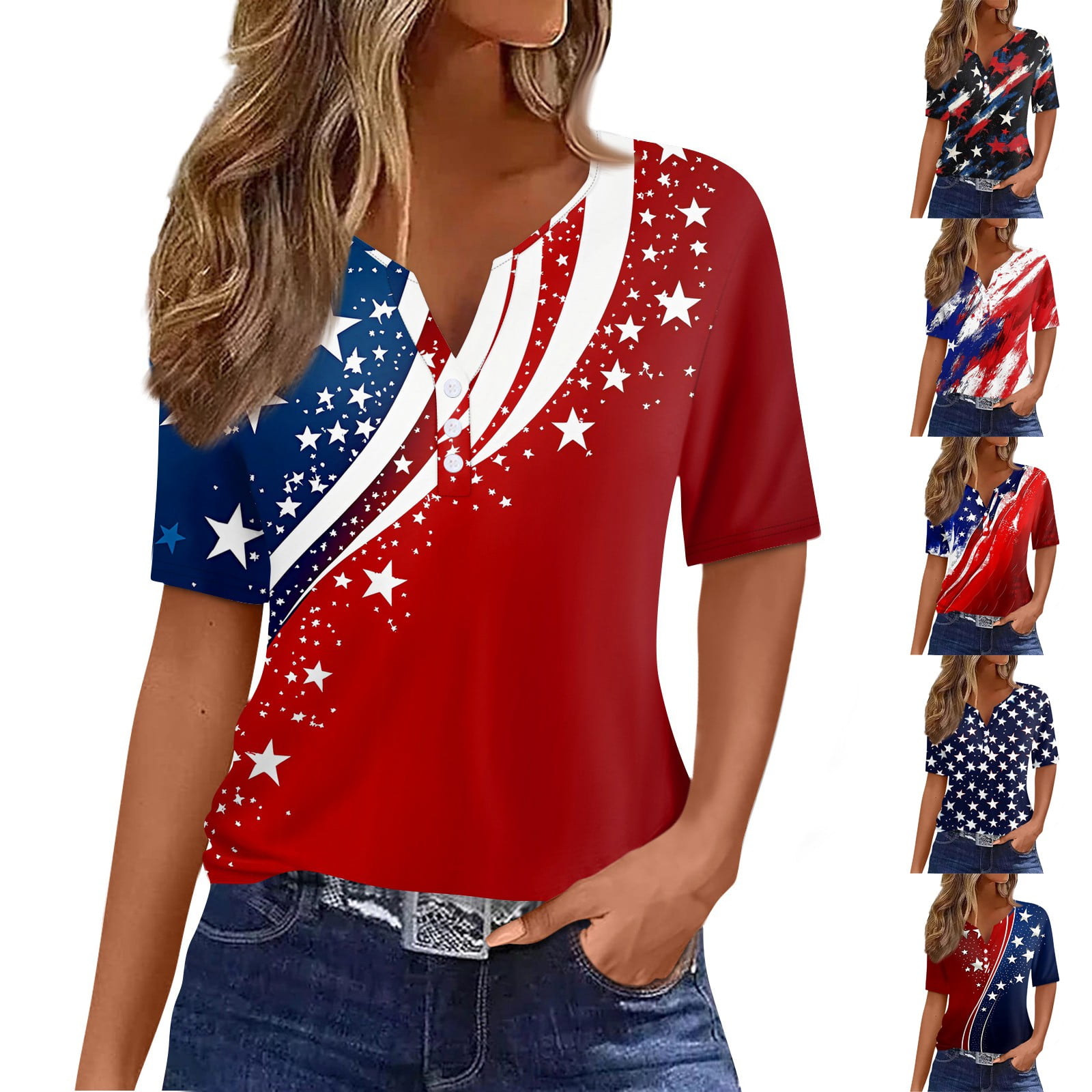 4th of July V Neck Shirts for Women Casual American Flag USA Graphic ...