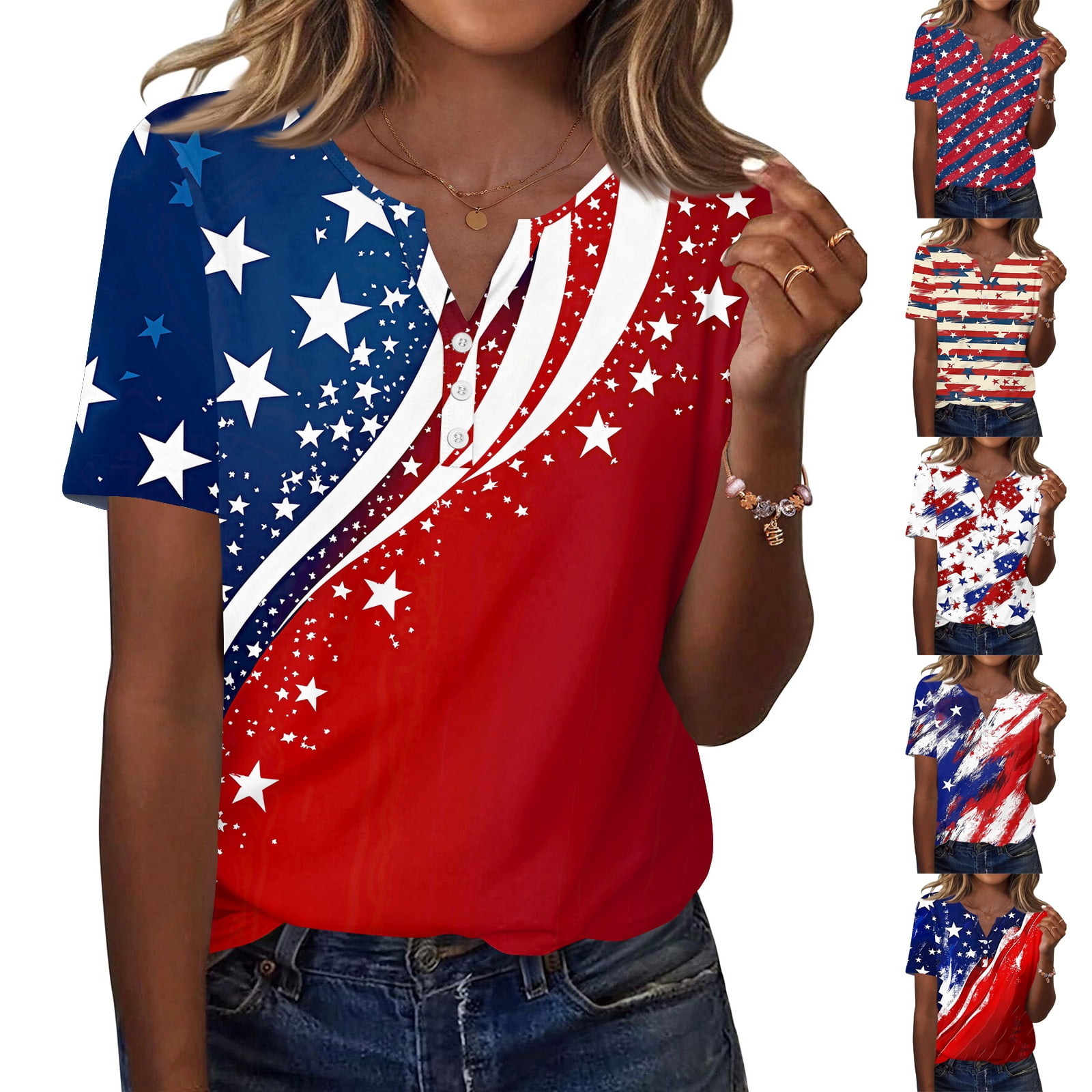 4th of July V Neck Shirts for Women Casual American Flag USA Graphic ...