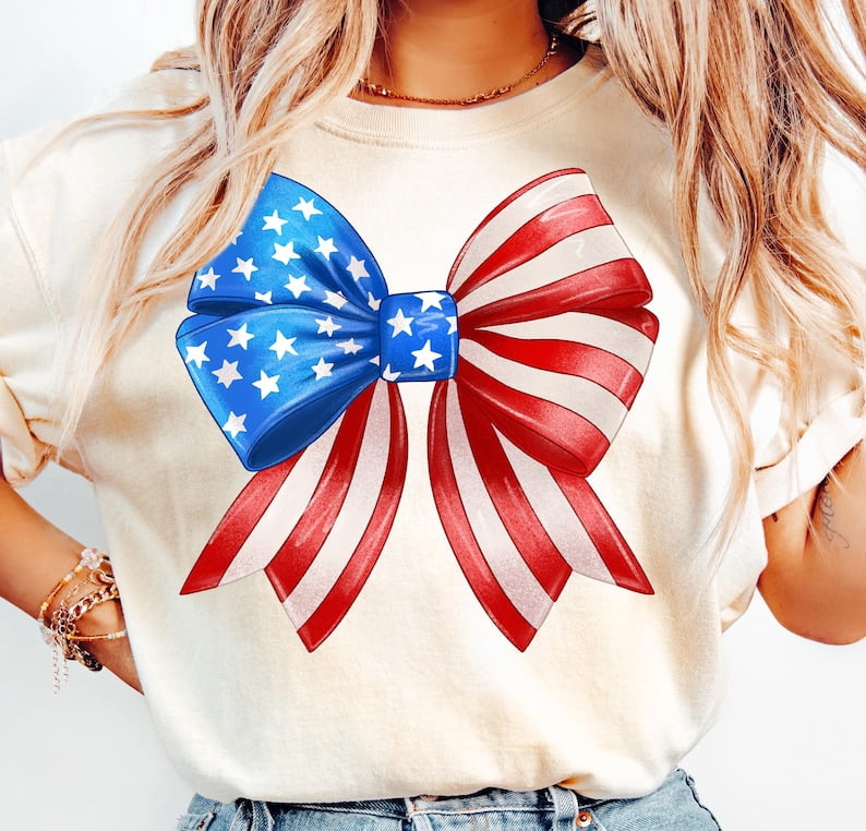 4th of July Woman T-Shirt, USA Flag Bow , American Coquette , Red White ...