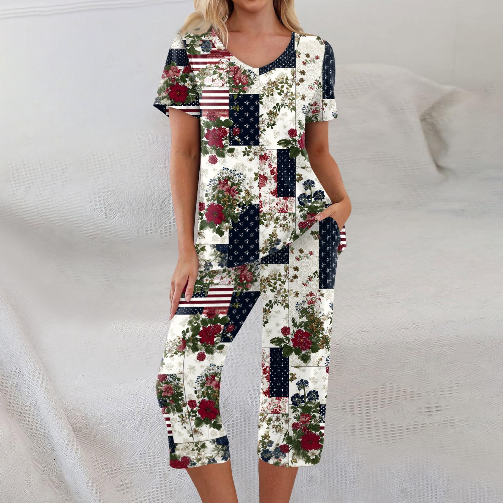 4th of July Women's Pajama Set 2 Pieces Soft Comfy Pajamas Red Blue ...