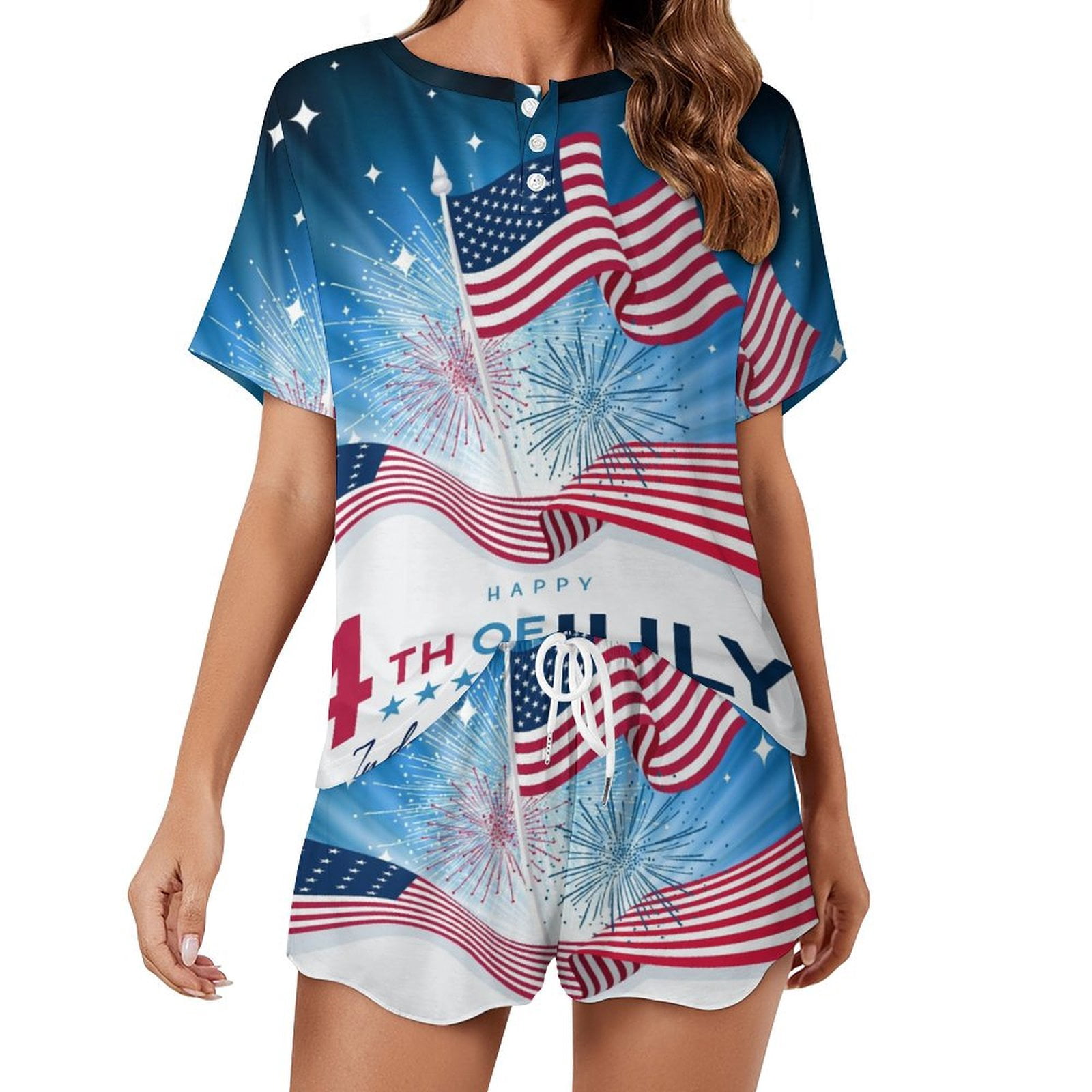 4th of July Women's Ruffle Short Sleeve Tops And Shorts Cute Peeps ...