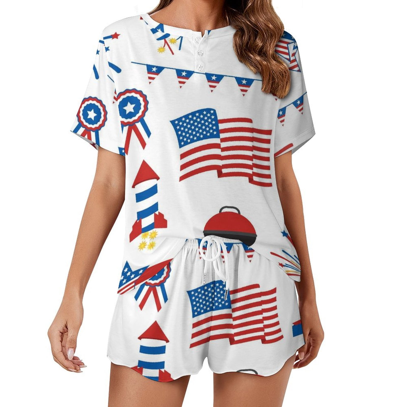4th of July Women's Ruffle Short Sleeve Tops And Shorts Cute Peeps ...