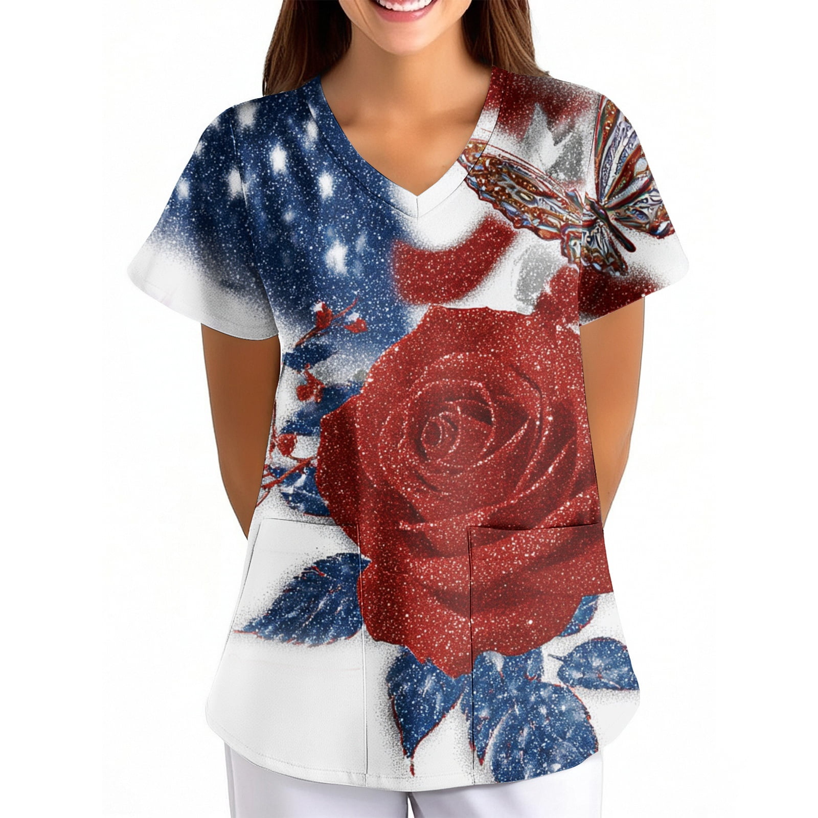 4th of July Women's V-Neck Scrub Top - 250 Anniversary USA Modern ...