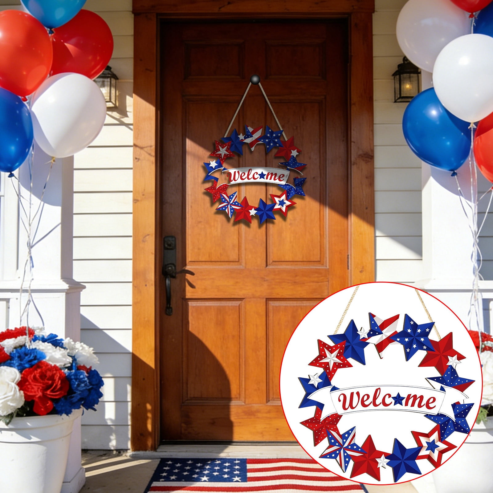 4th of July Wooden Wreath, Patriotic Star Sign for Front Door Red White ...