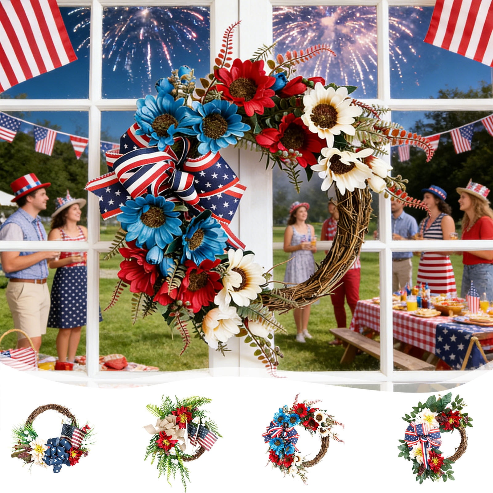 4th of July Wreath Sunflower Peony Fabric for Front Door, Red White ...