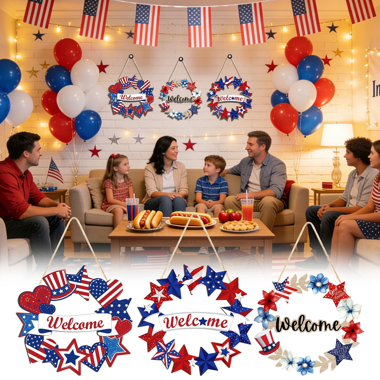 4th of July Wreath Wooden Welcome Accent for Front Door, Red White Blue ...
