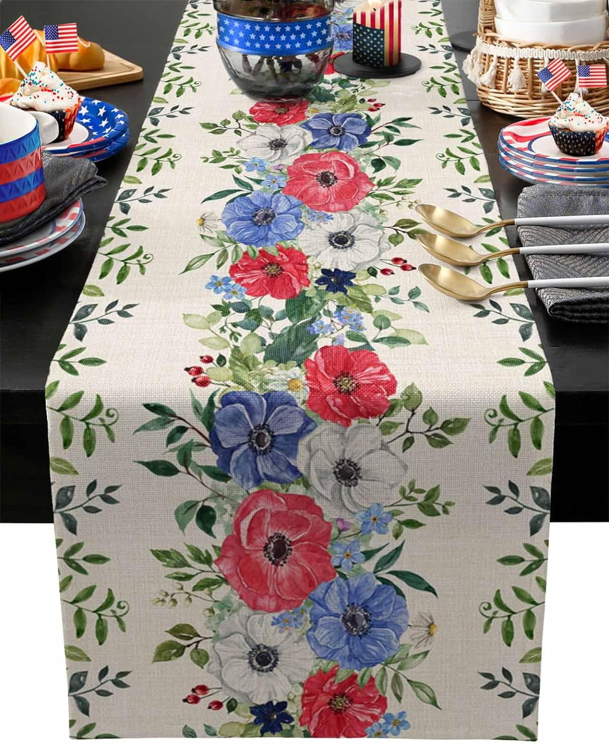 4th of July linen Table Runner Red White Blue Poppy Flower Green Leaves ...