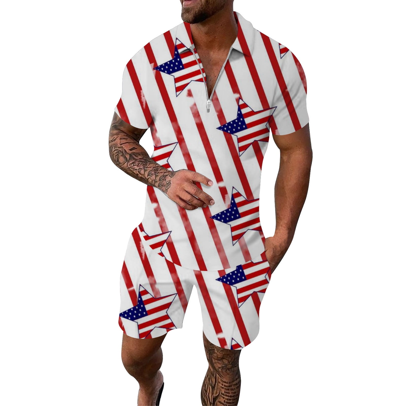 4th Of Julymale Casual Independence Day Print Two Piece Suit Zipper
