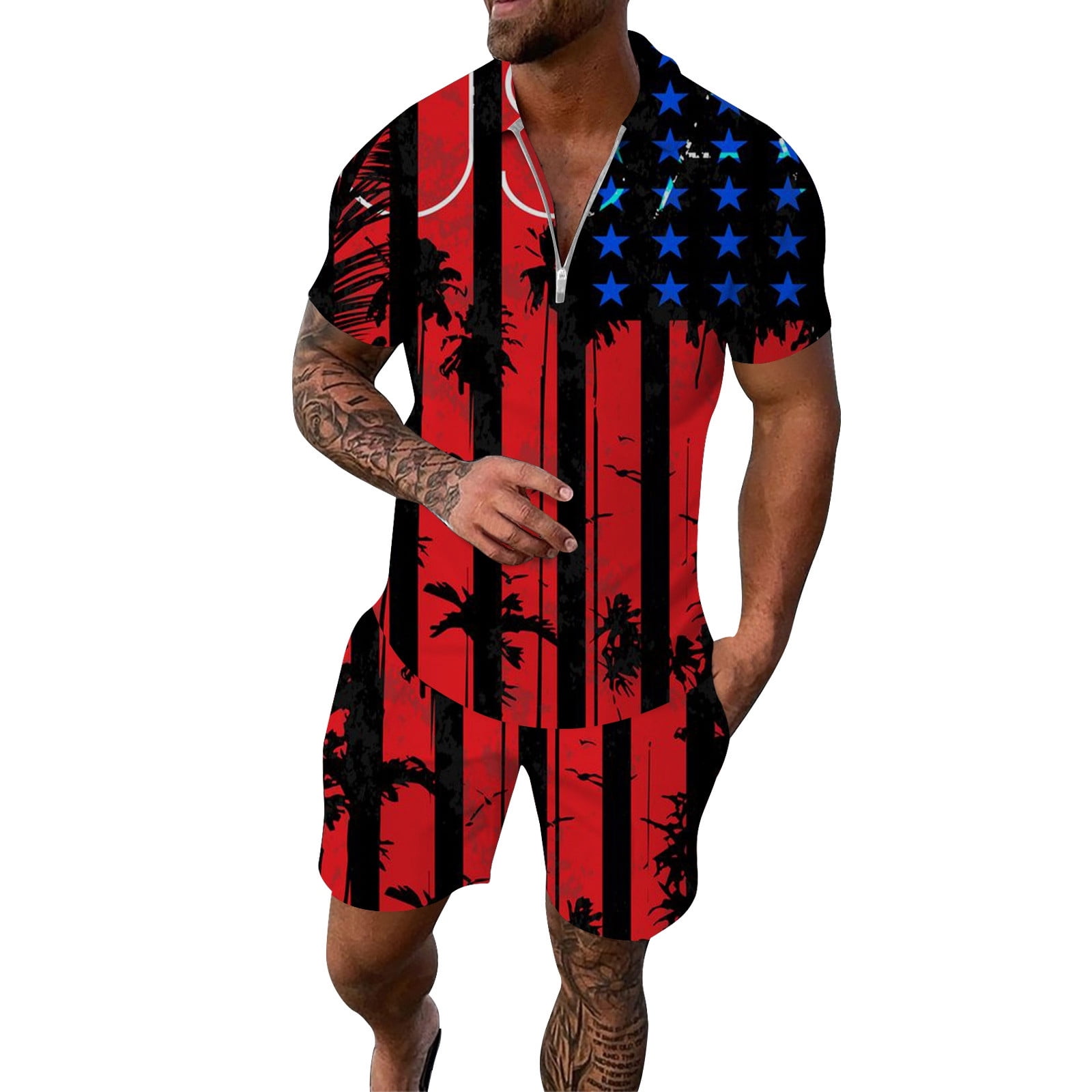 4th Of Julymale Casual Independence Day Print Two Piece Suit Zipper