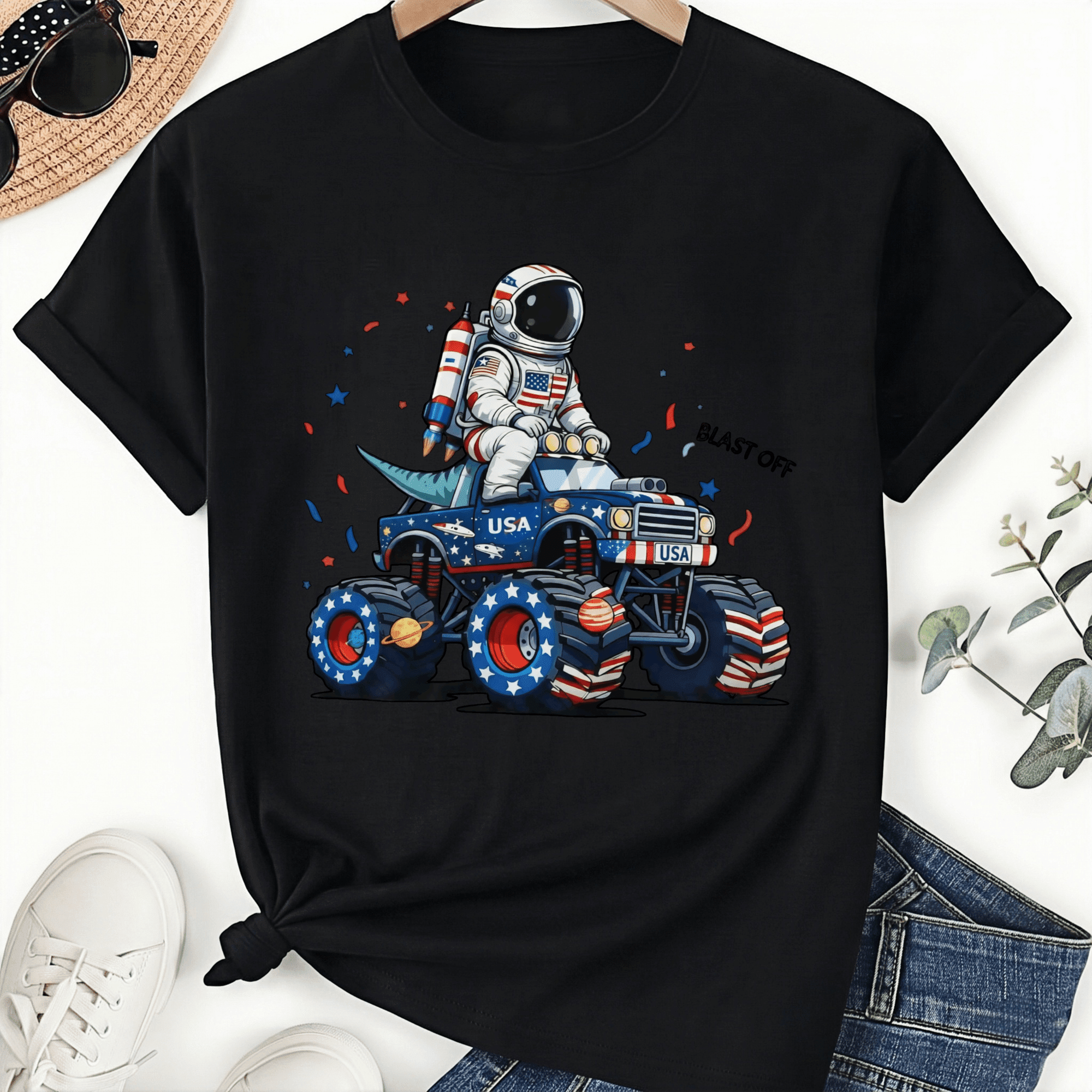 4th of july Blast Off Astronaut Monster Truck Rocket Unisex T-Shirt ...