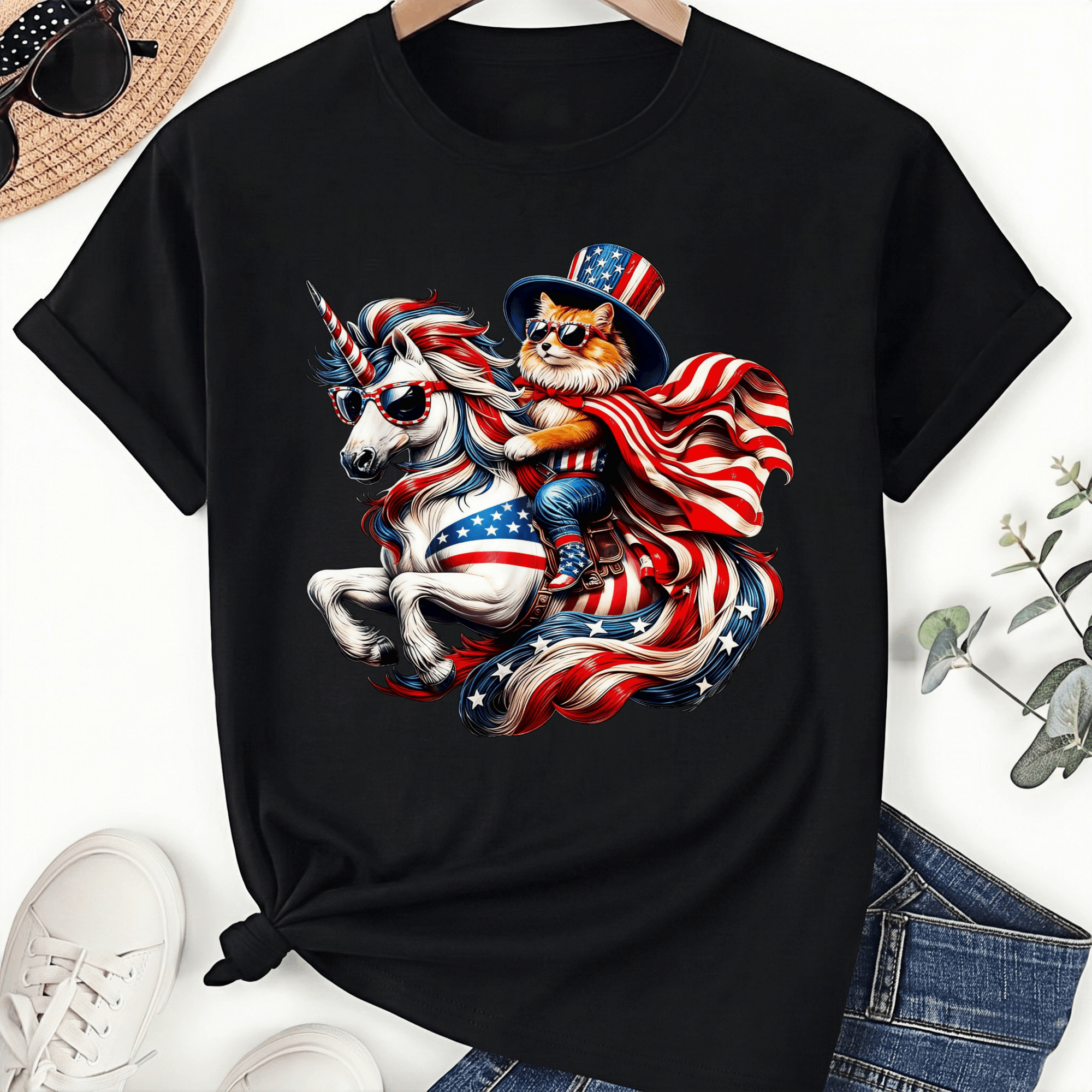 4th of july Cat Riding Unicorn Patriotic Cape Unisex T-Shirt Suitable ...