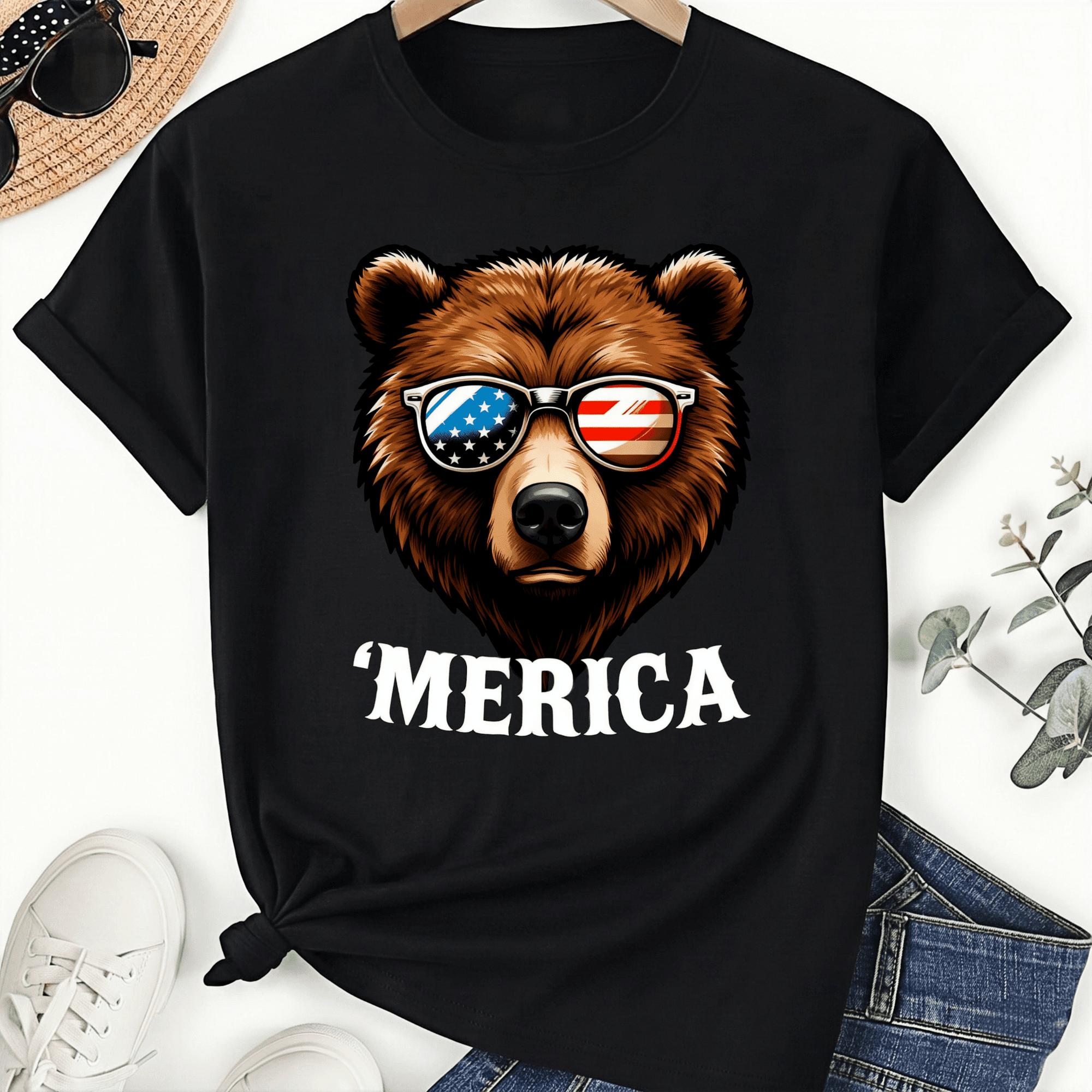 4th of july Merica Bear American Flag Sunglasses Unisex T-Shirt ...