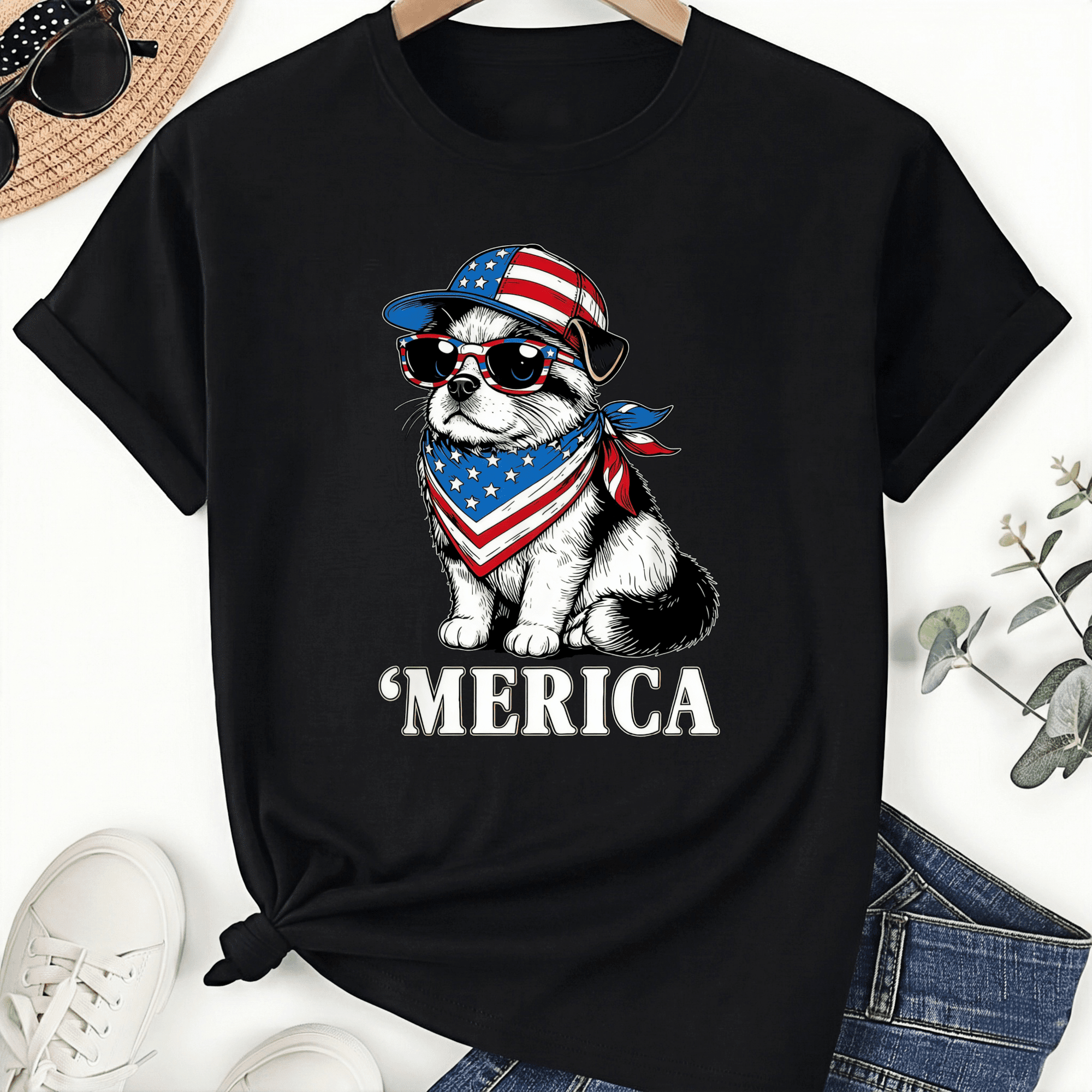 4th of july Merica Fluffy Dog Patriotic Cap Bandana Unisex T-Shirt ...