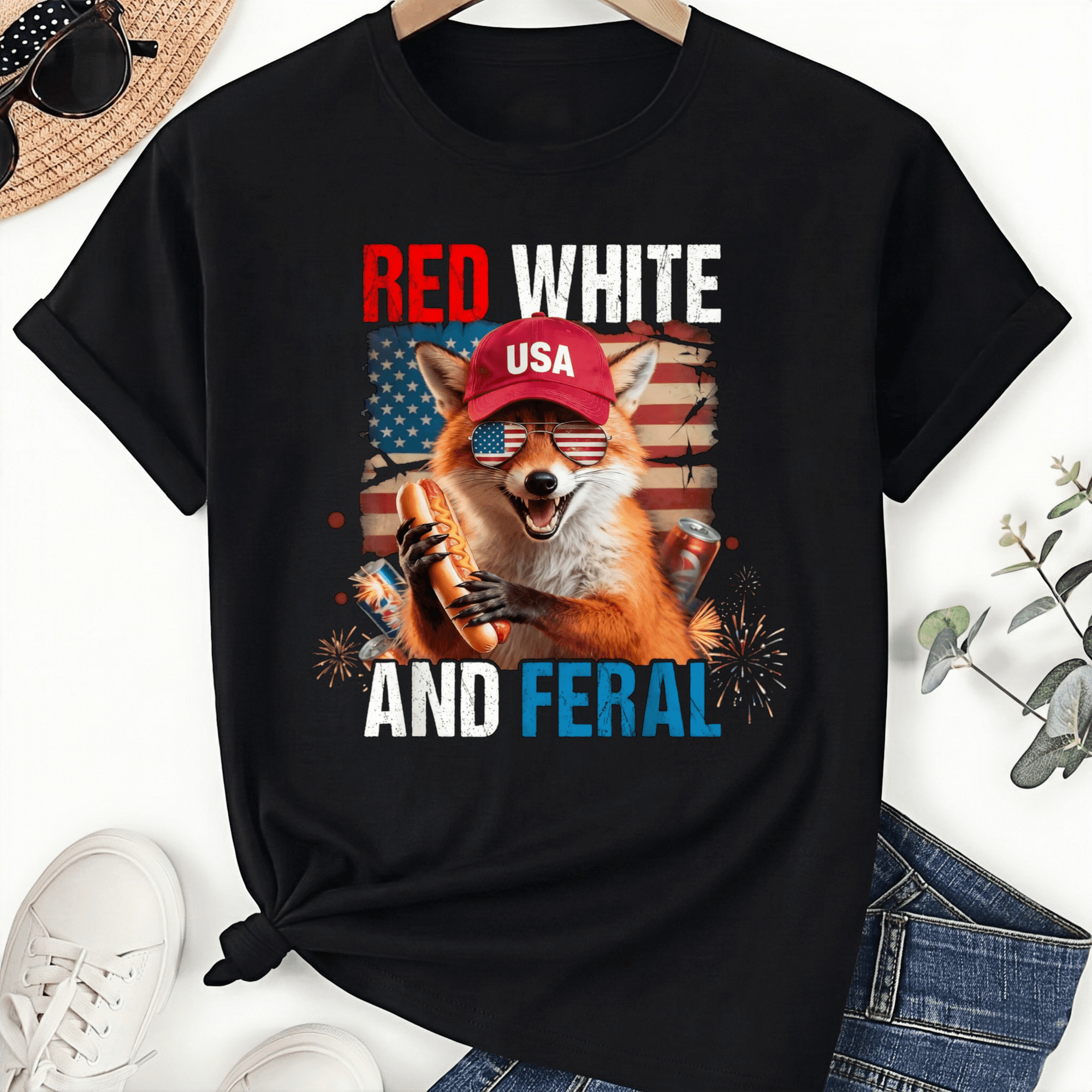 4th of july Red White And Feral Fox Hot Dog Unisex T-Shirt Suitable for ...