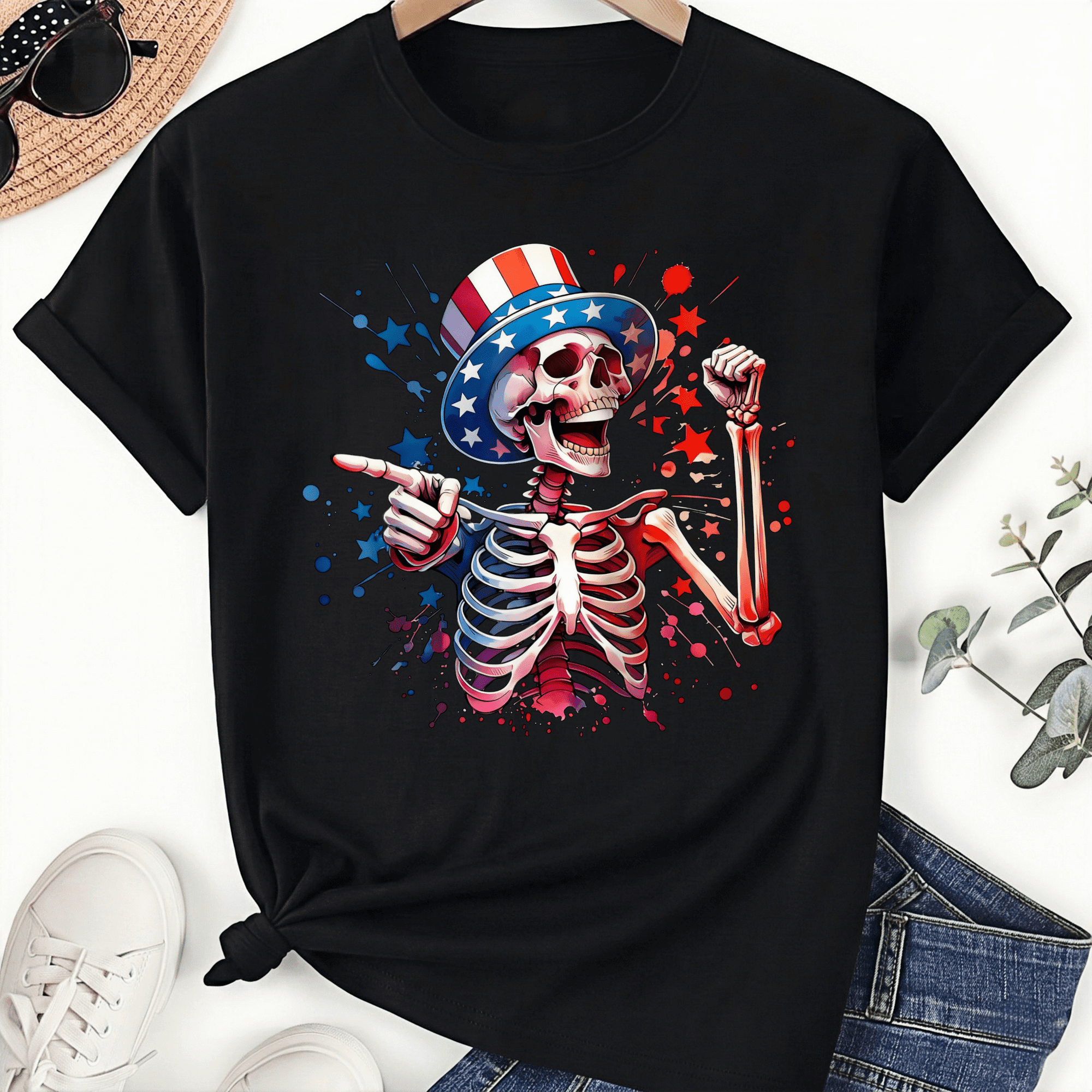 4th of july Skeleton Uncle Sam Splatter Art Unisex T-Shirt Suitable for ...