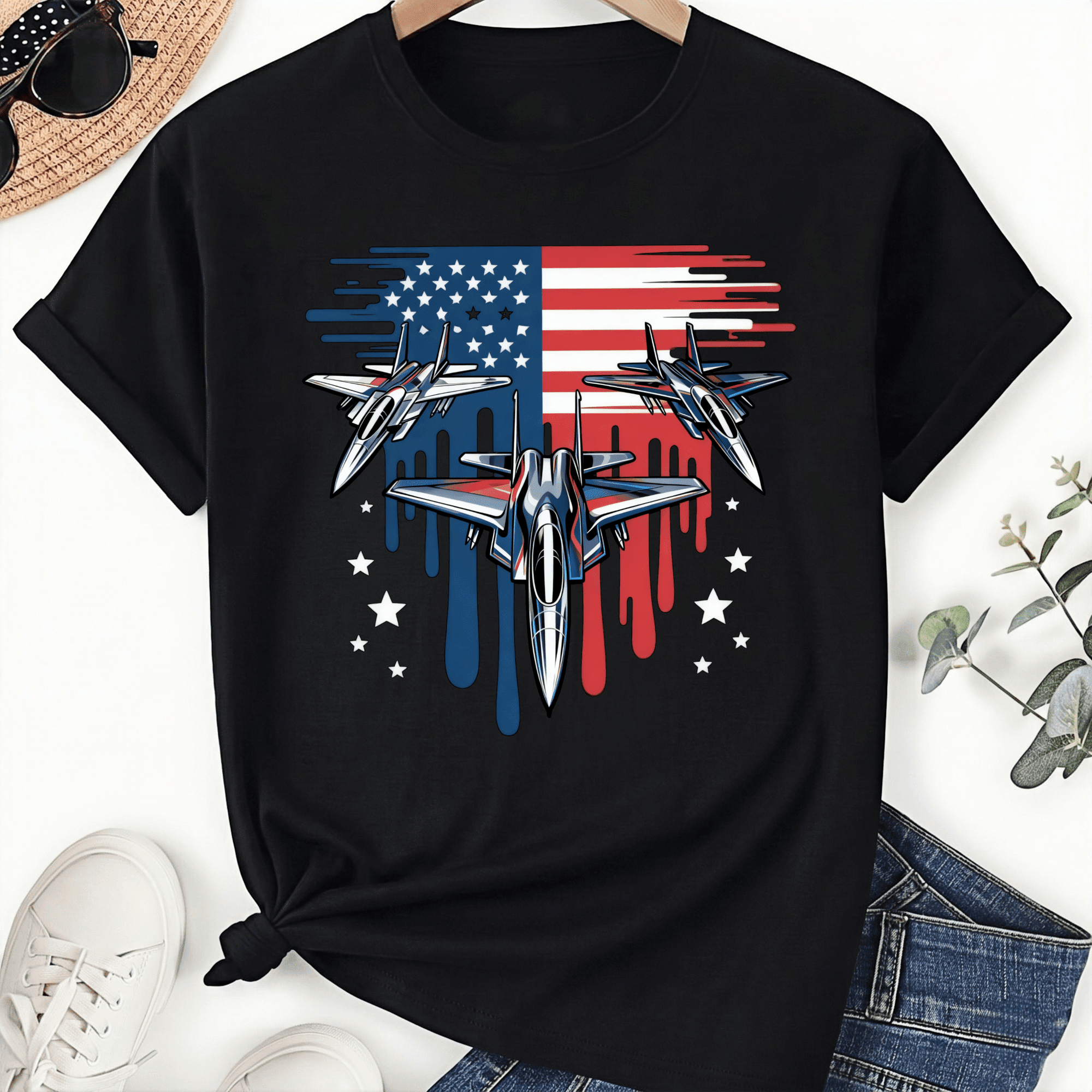 4th of july Three Fighter Jets USA Flag Splatter Unisex T-Shirt ...