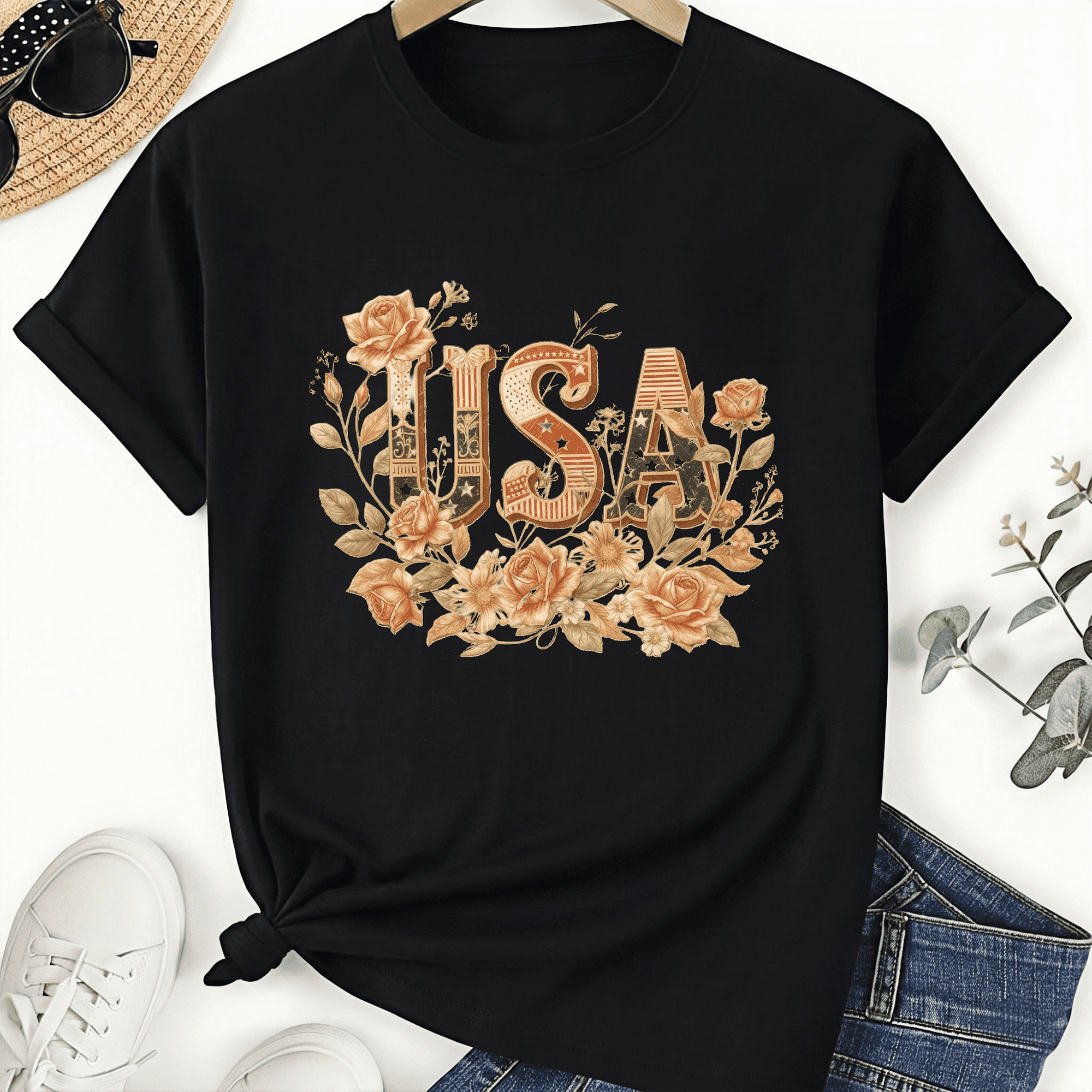 4th of july USA Floral Lettering Rose Pattern Unisex T-Shirt Suitable ...