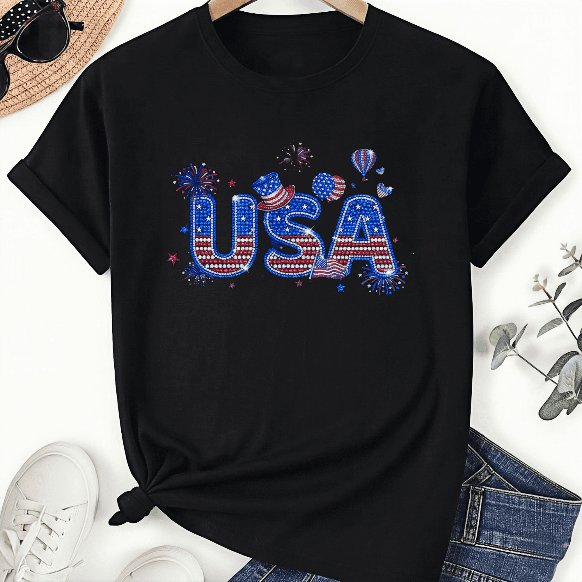 4th of july USA Sparkle Lettering Patriotic Hat Unisex T-Shirt Suitable ...