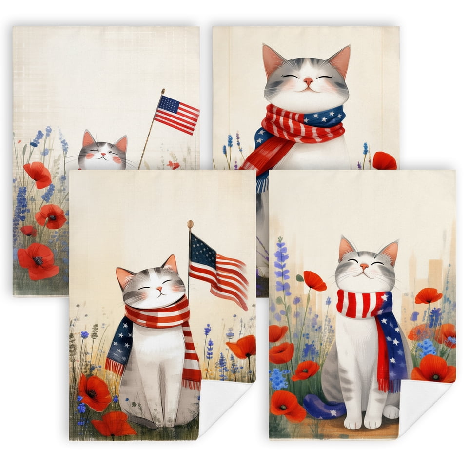 4th of july hand towel A cat with an american flag sitting in a field ...