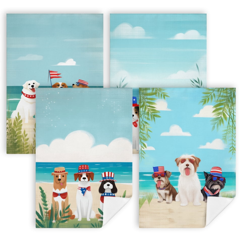4th of july hand towel A group of dogs sitting on top of a sandy beach ...