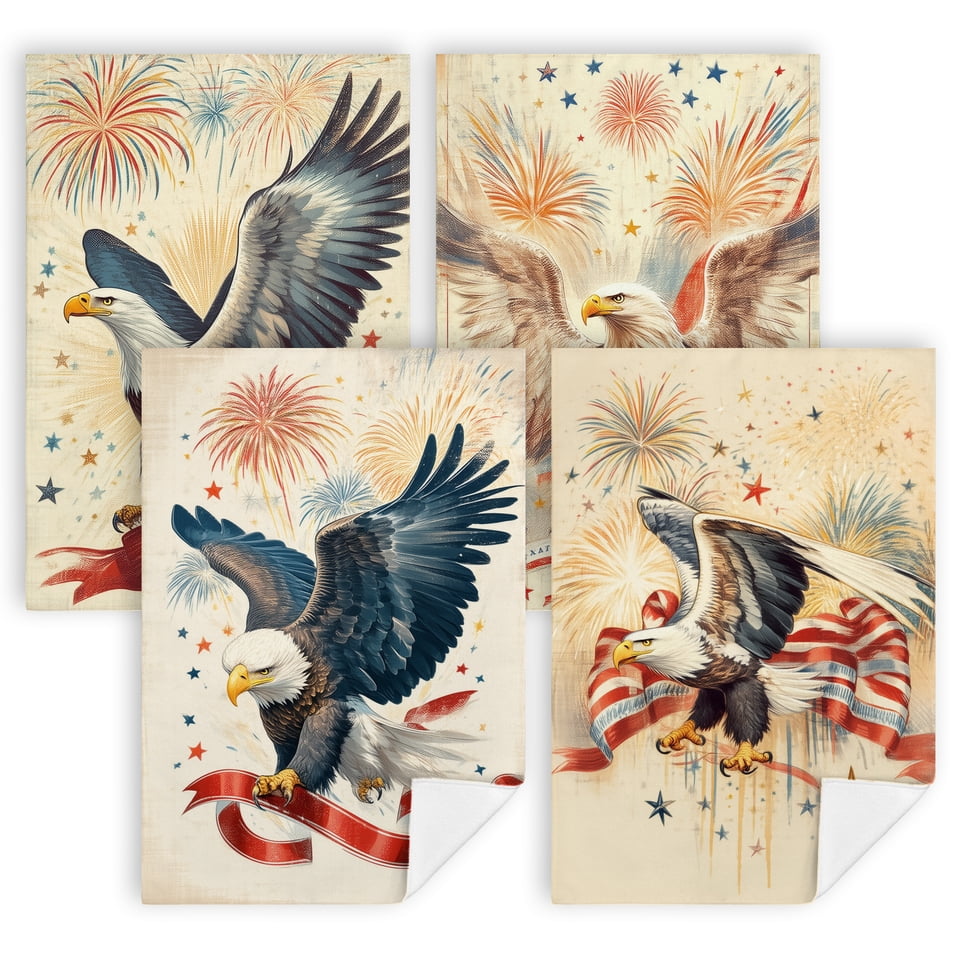 4th of july hand towels A bald eagle with a red ribbon and fireworks in ...