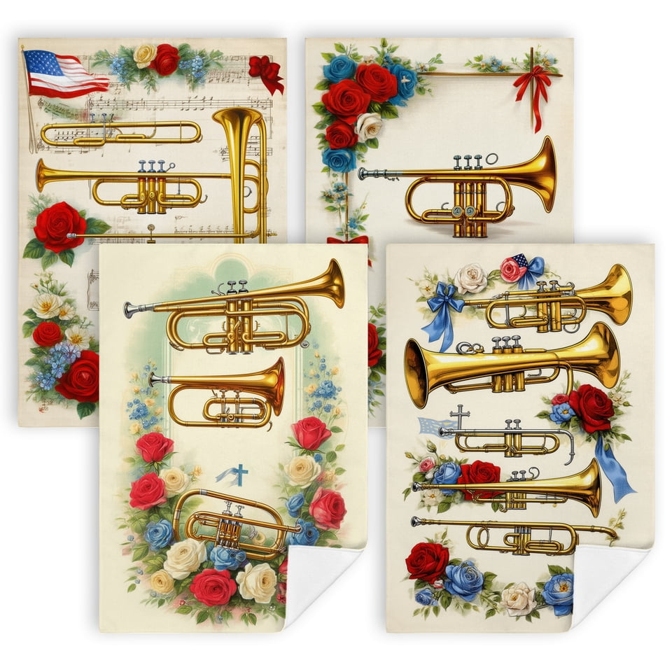 4th of july hand towels A trumpet with a cross and roses on a sheet of ...