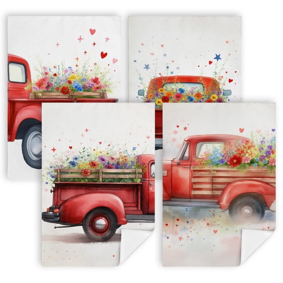 4th of july hand towels for kitchen A red truck with flowers in the ...