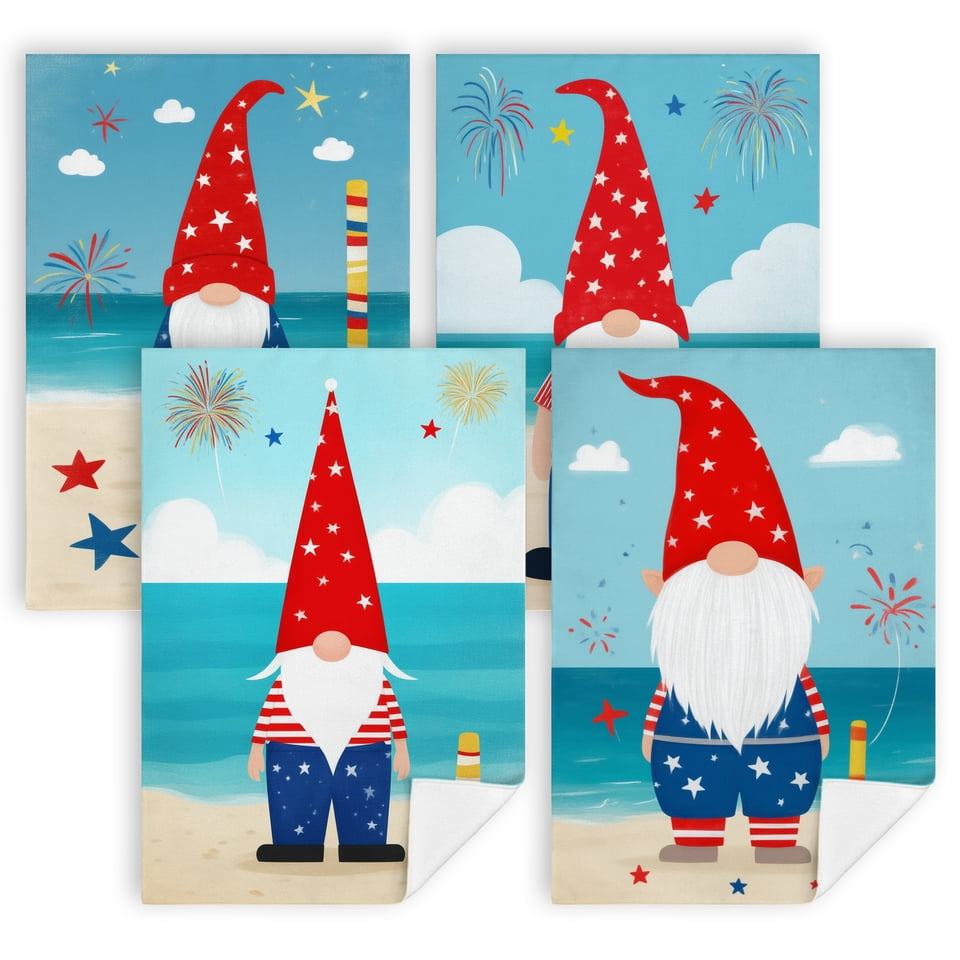 4th of july kitchen towels A gnome on the beach with fireworks in the ...
