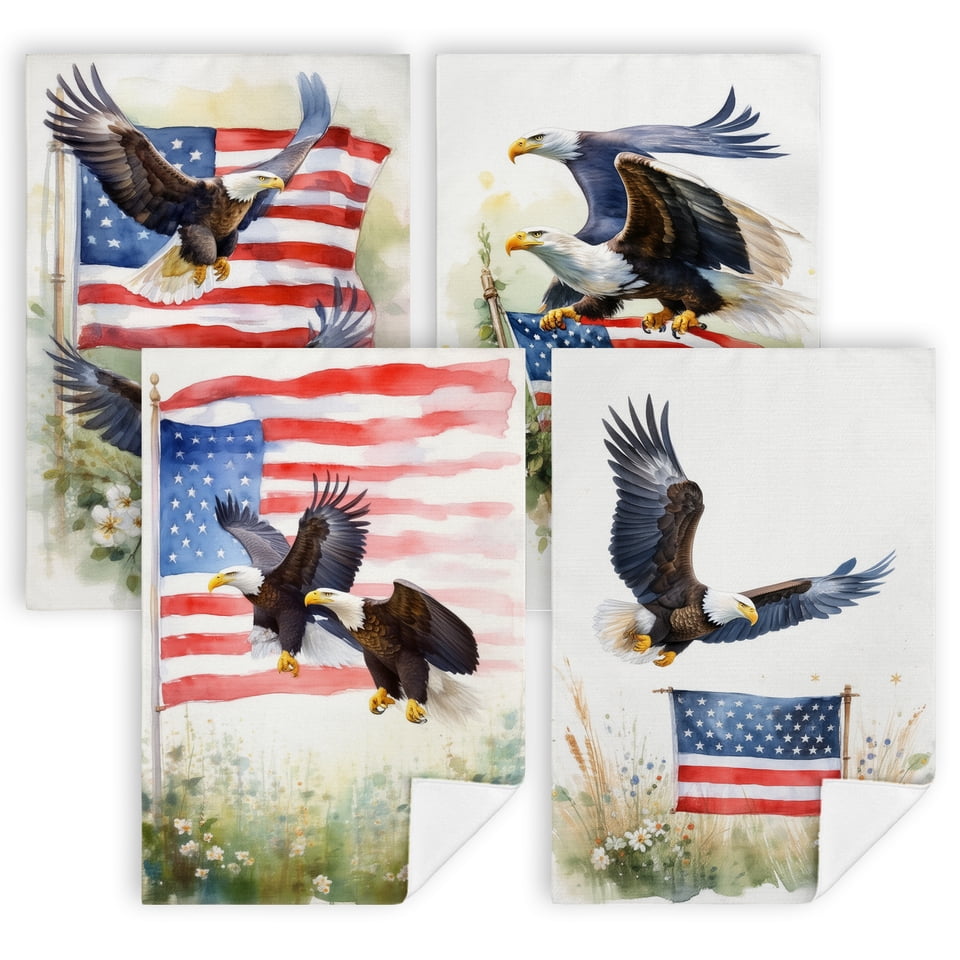 4th of july kitchen towels A painting of two bald eagles flying in ...