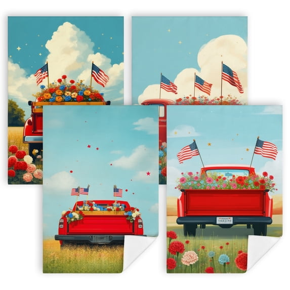 4th of july kitchen towels A red truck with flowers in the back of it ...