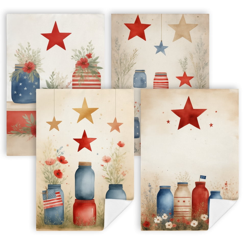 4th of july kitchen towels Three mason jars with red white and blue ...