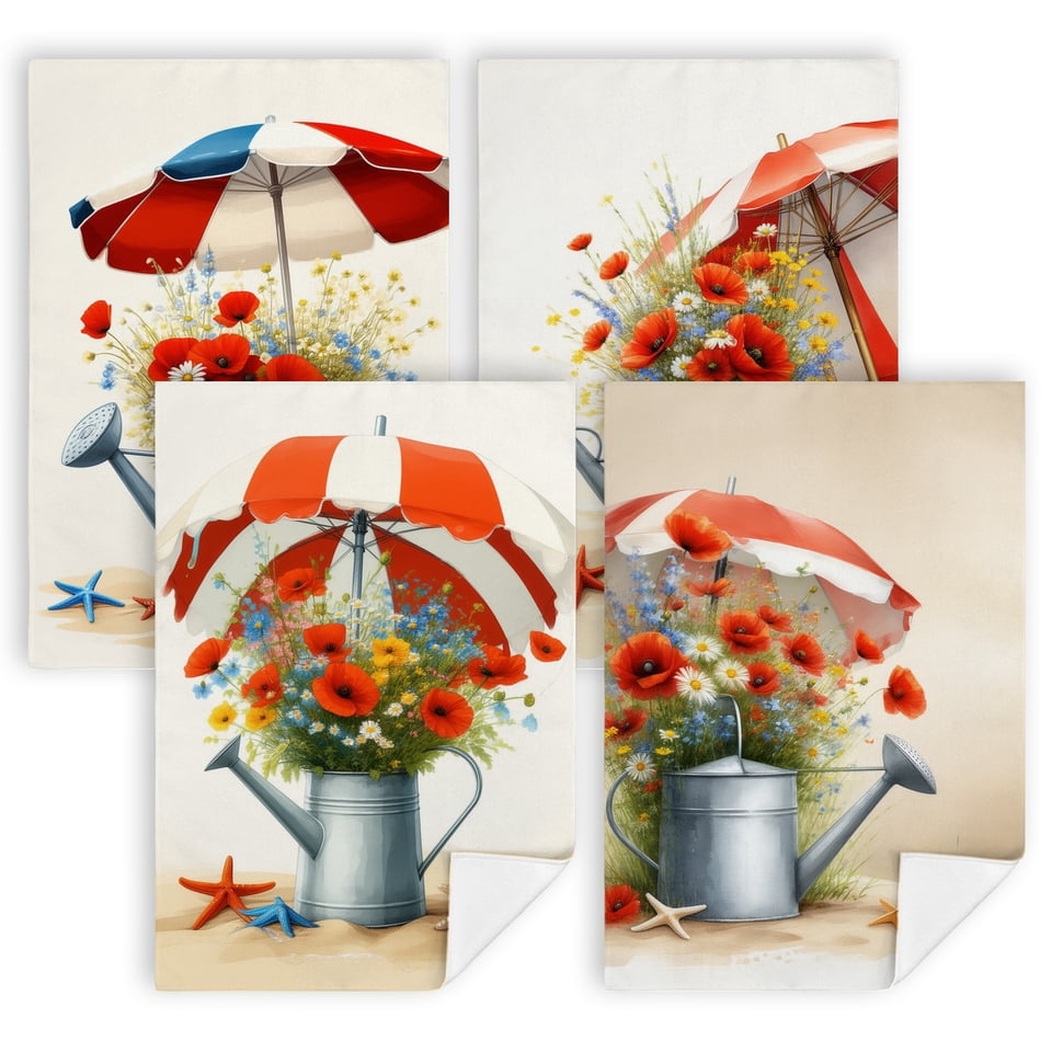 4th of july tea towels A watering can with flowers and an umbrella on ...