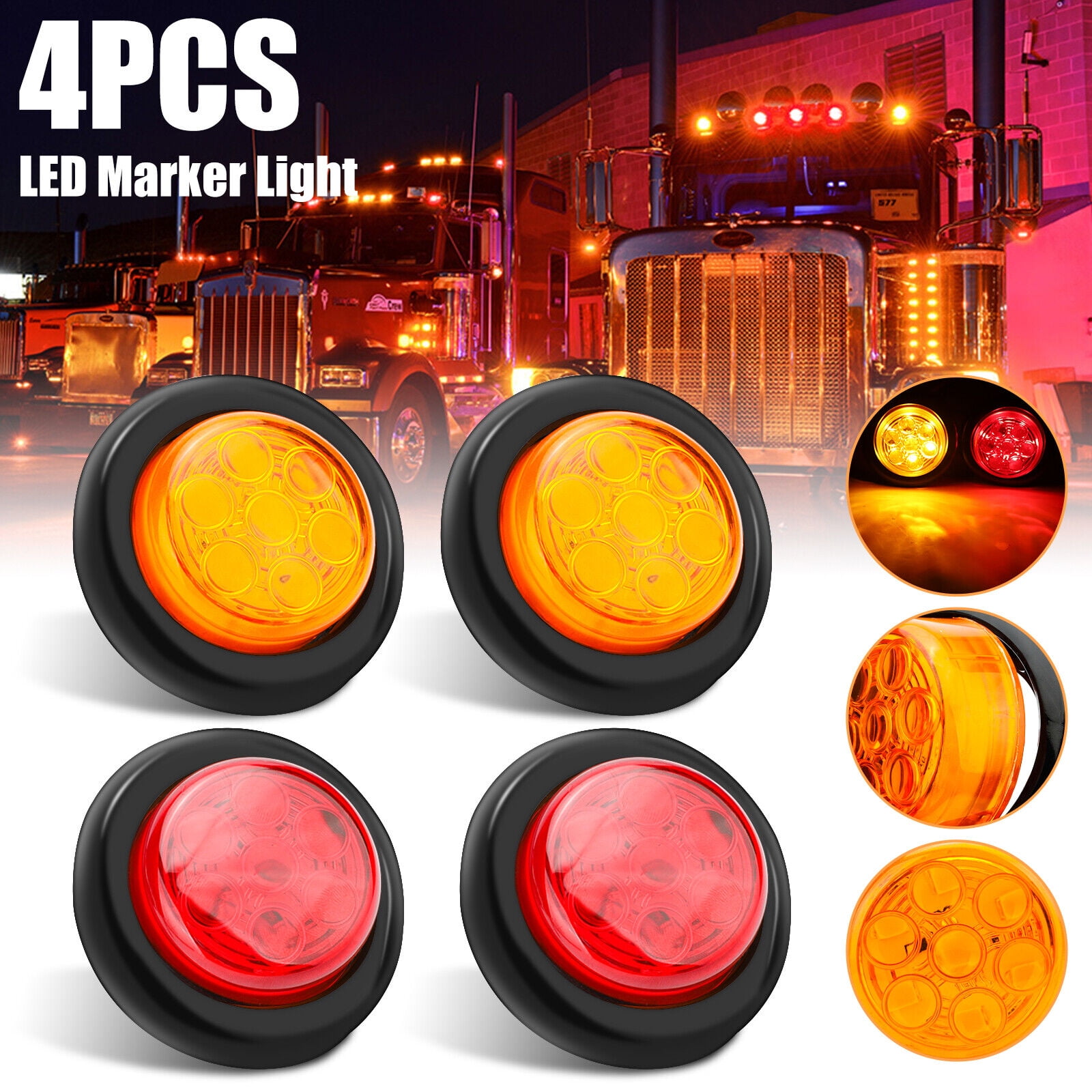 4x 2" 7 LED Round Side Marker Clearance Light Truck Trailer Red Amber w/ Grommet - Walmart.com