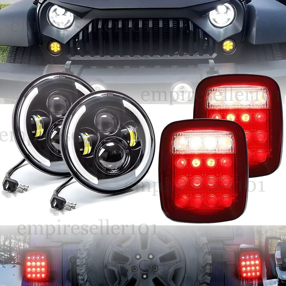 4x 7" Inch LED Headlights + Tail Lights Combo For Jeep Wrangler TJ YJ ...