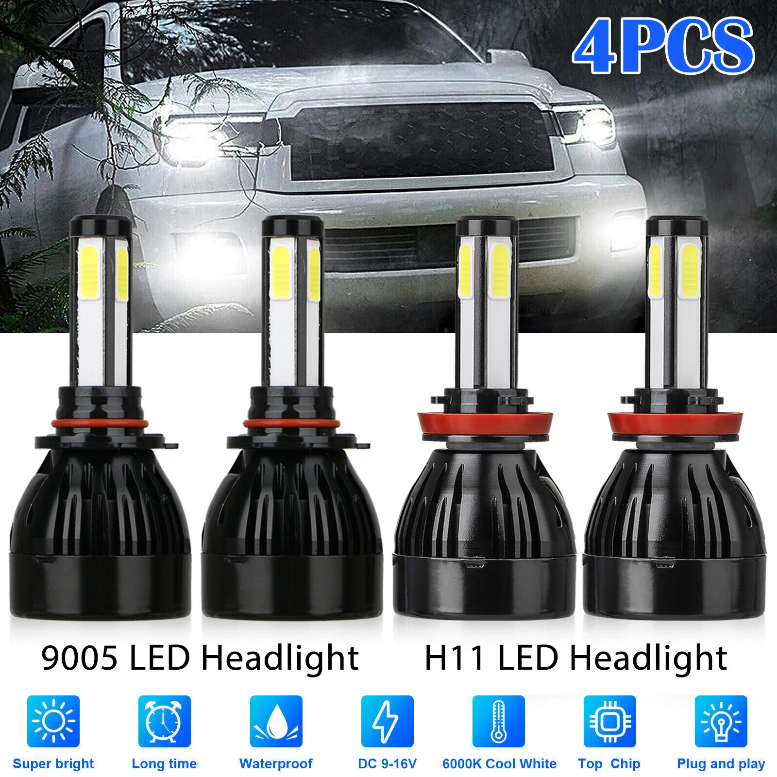 4x 9005 H11 Combo LED Headlight High Low Beam Bulbs Kit 6000K Super White Bright - Walmart.com