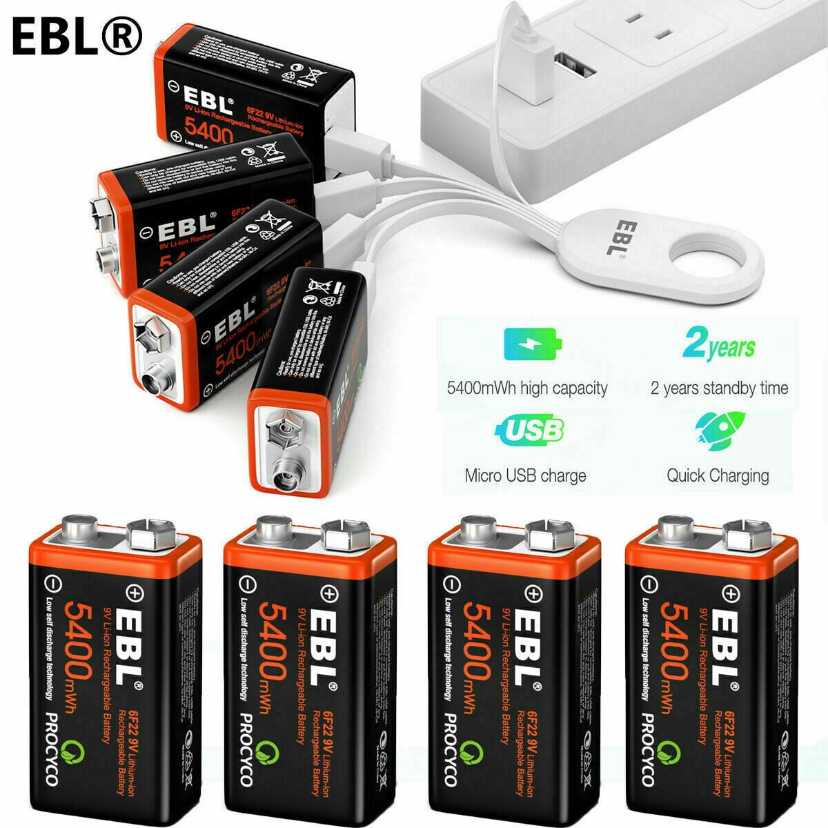 EBL 4-Pack USB Rechargeable Lithium 9V 5400mWh Batteries with Micro ...