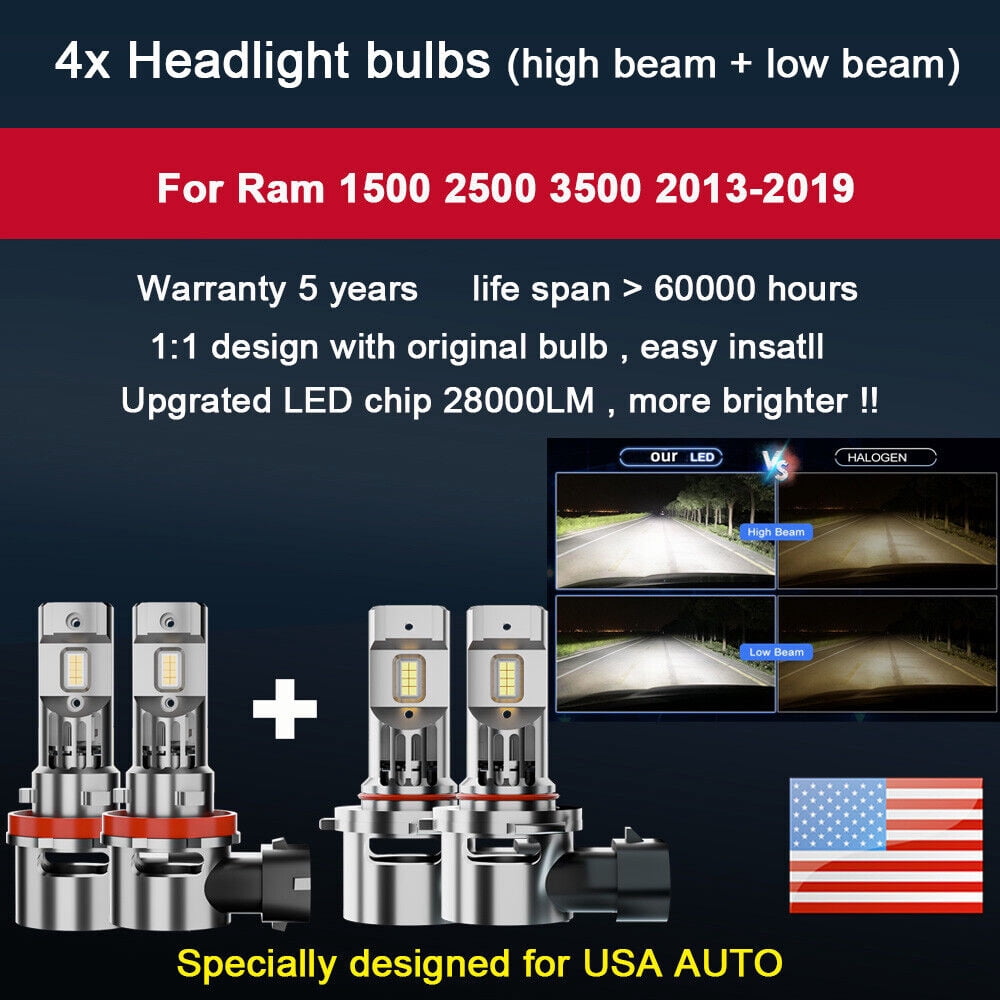 4x Hi power 38000lm Headlight Bulb For Ram 1500 2500 3500 2013-2019 Hi ...