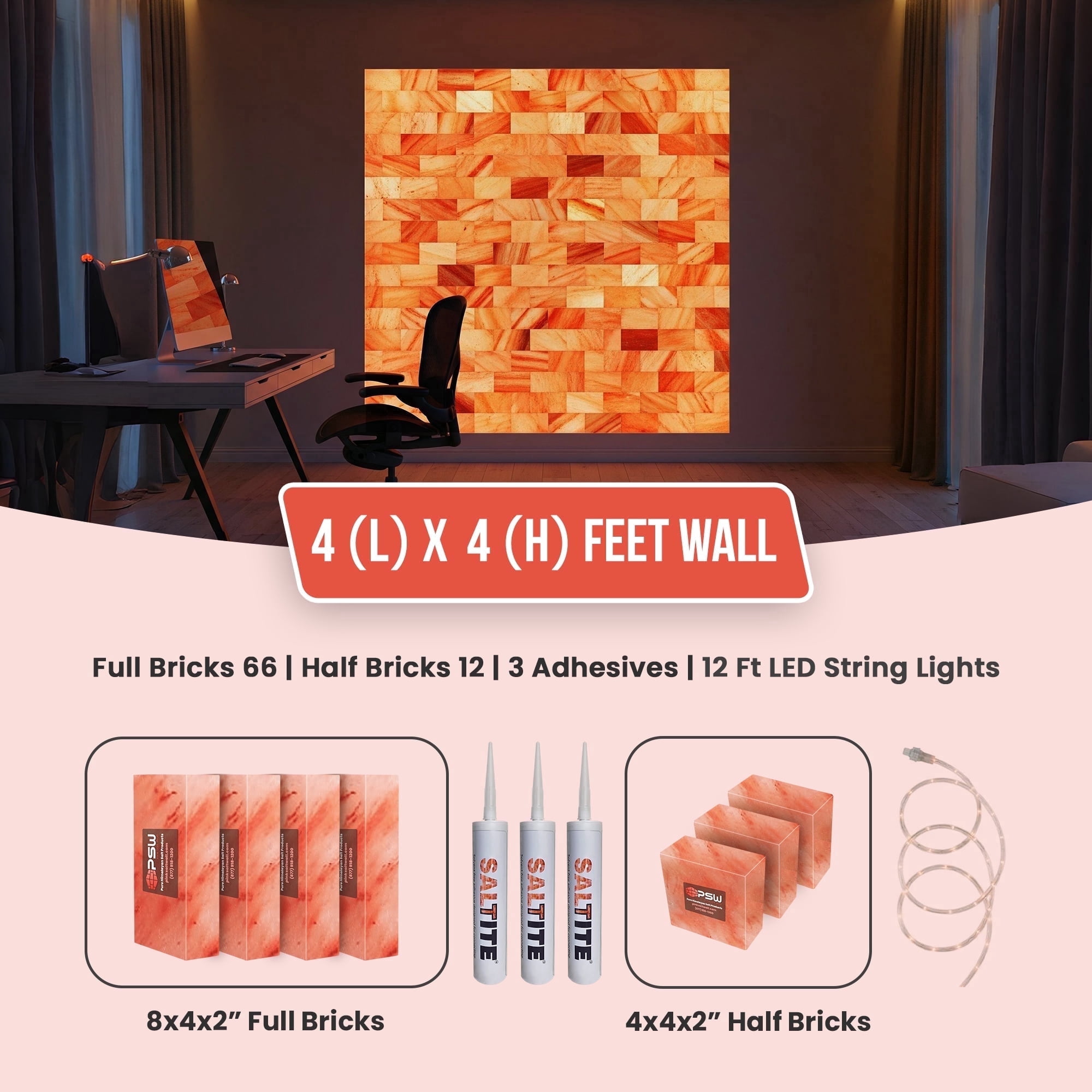 Pink Salt Wall 4x4 feet panel Kit Including Bricks, Glue, Placement Map ...