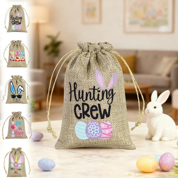 4x4 Inches Reusable Easter Bunny Linen Drawstring Candy Bag, Eco ...