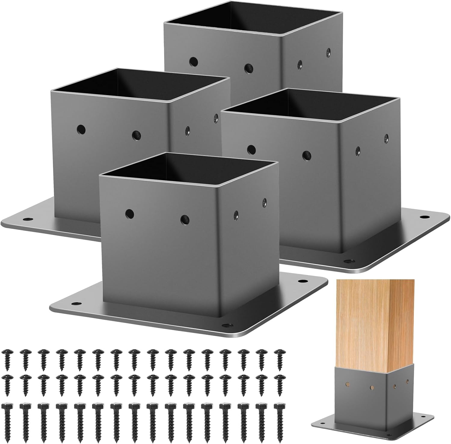 4x4 Post Base, 4Pcs Post Brackets (Inner Size 3.5"x3.5"), Black Powder ...