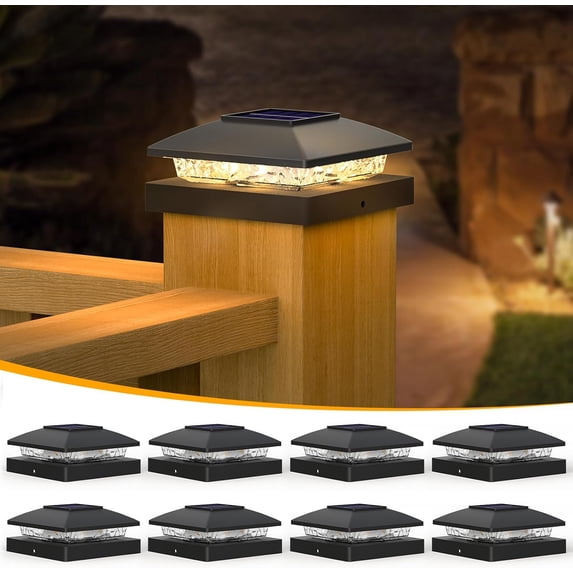 4x4 Solar Cap Lights, 8 Black for / Posts - IP64 , 3000K Warm White ...