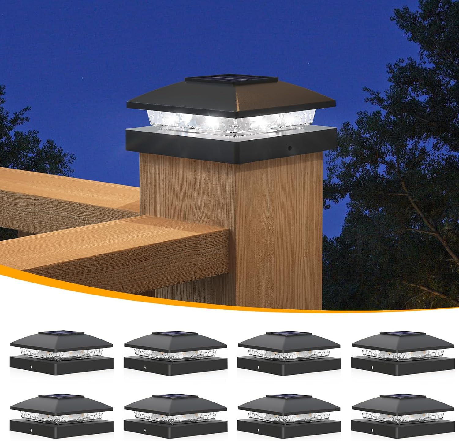 4x4 Solar Cap Lights, 8 Black for / Posts - IP64 , 6500K Cool White ...